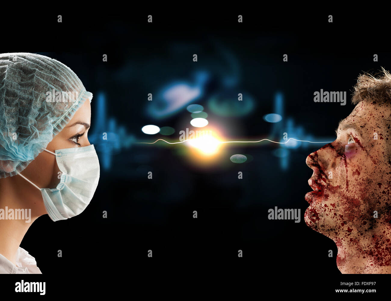 Meeting the surgeon and the patient looks. Black background, collage ...