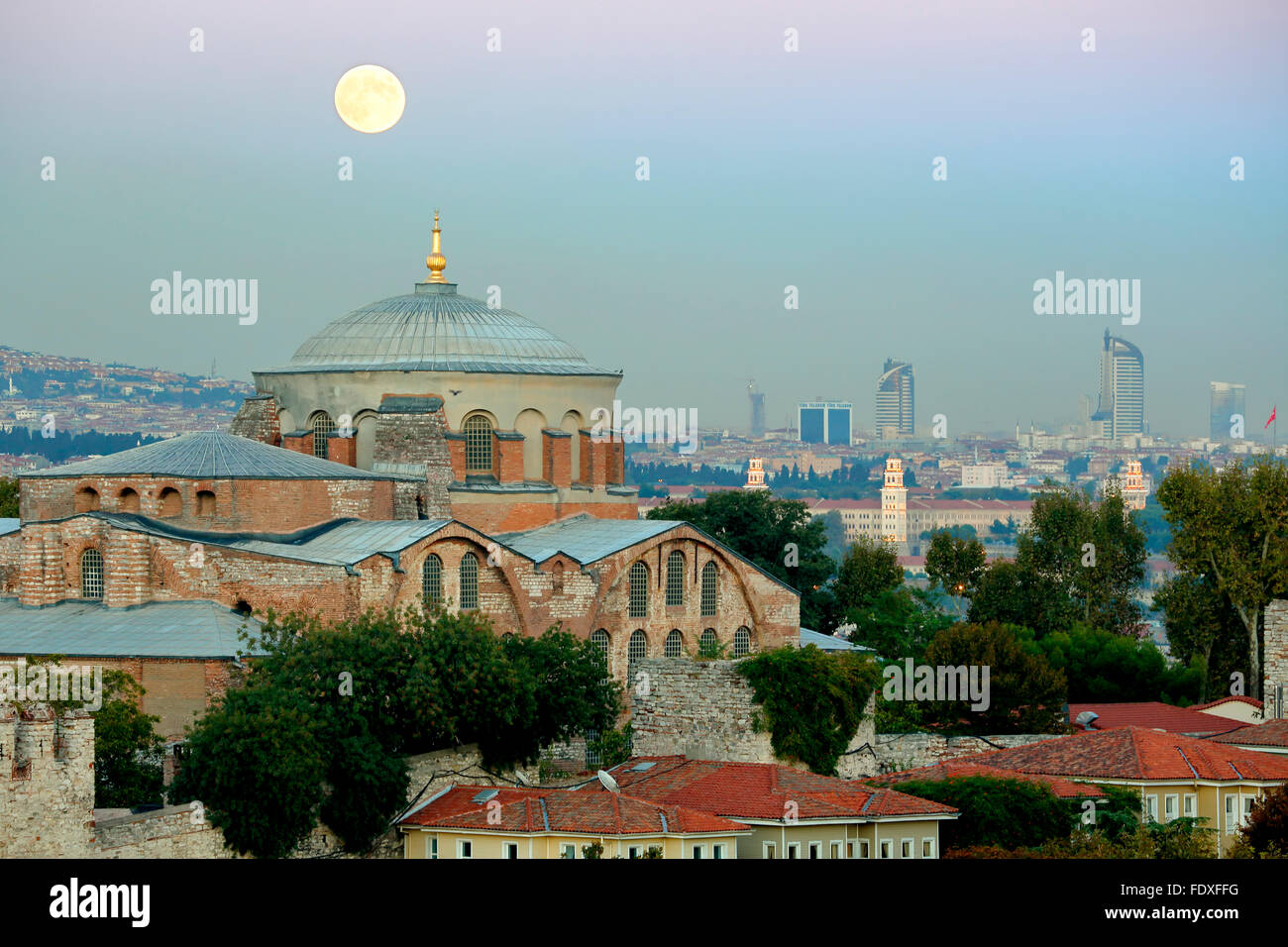 Moon over dome of Hagia Eirene Museum, Topkapi Palace, Istanbul, Turkey ...