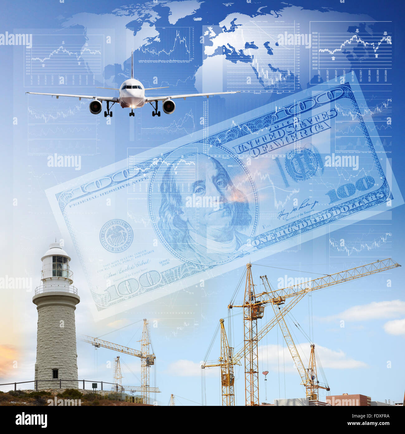 Business collage with financial charts and lighthouse on the background ...