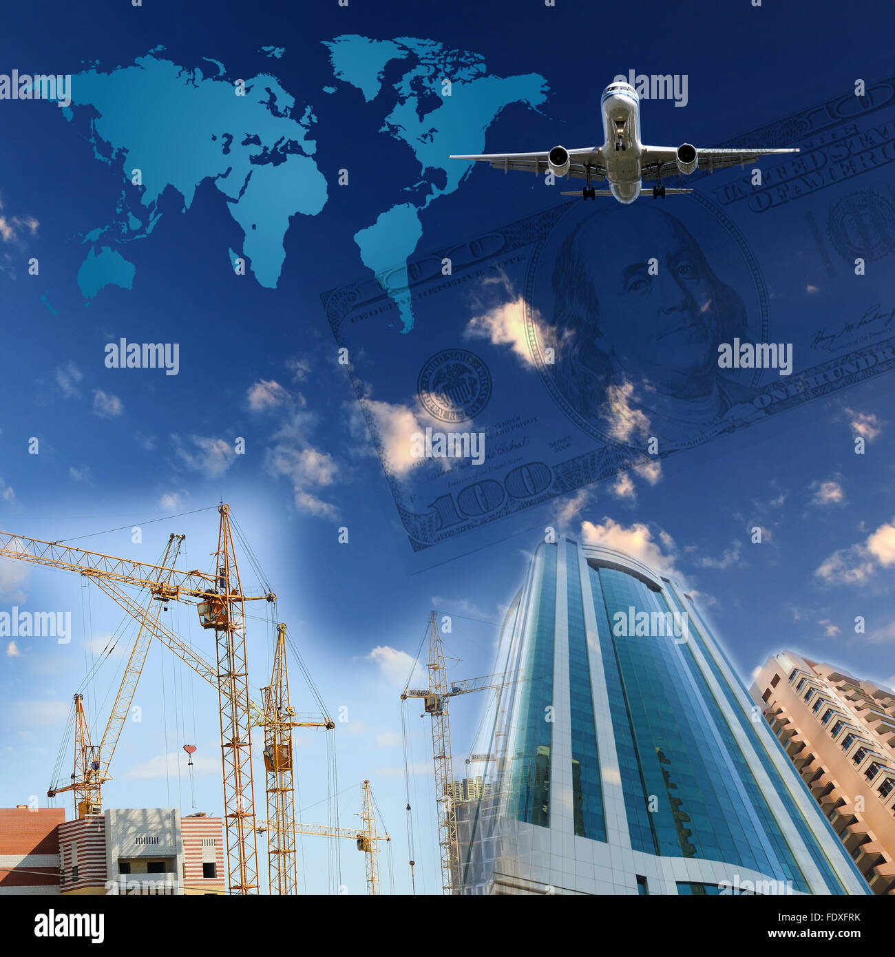 Business collage with financial charts and lighthouse on the background ...