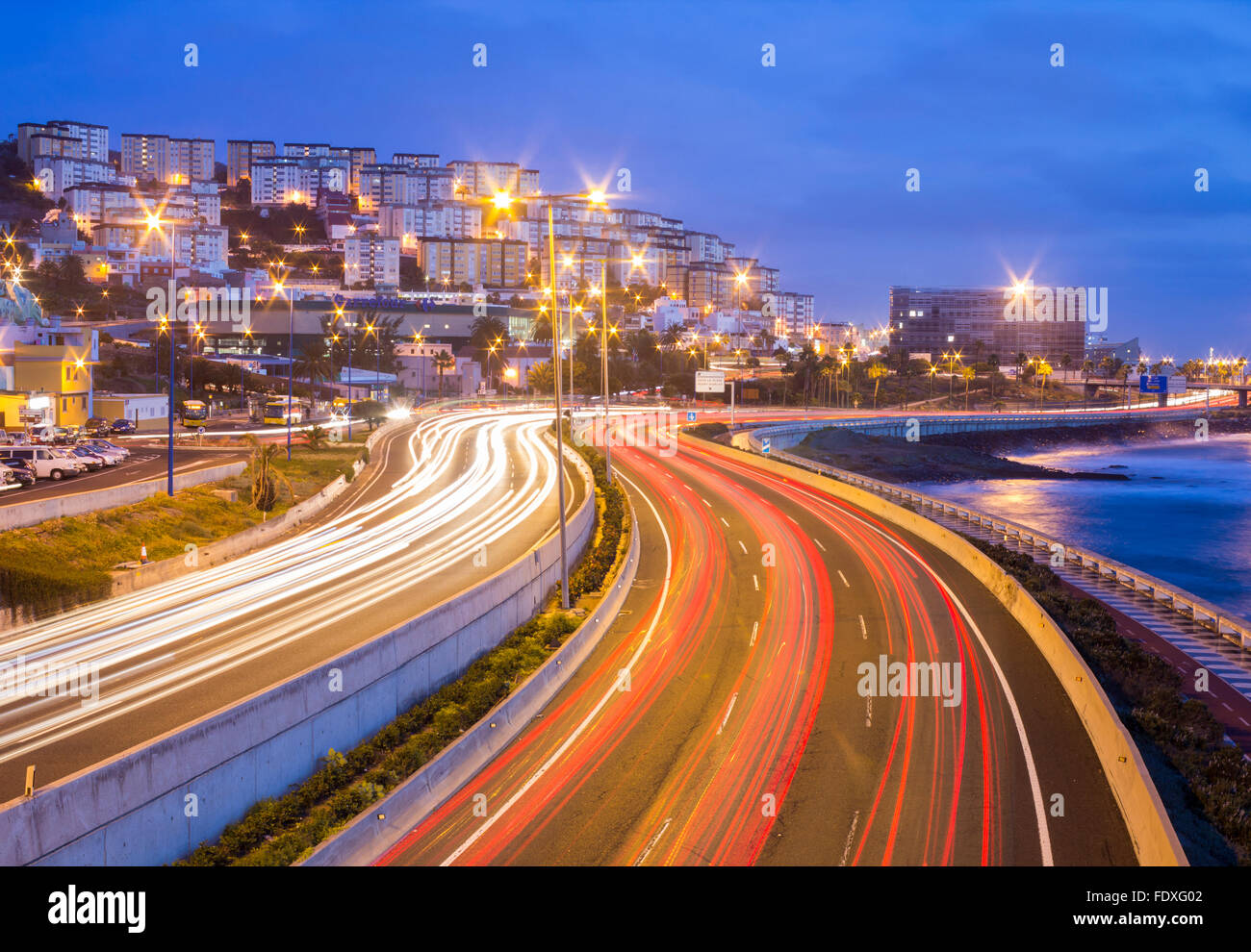Morning motorway rush hour traffic heading in and out of Las Palmas ...
