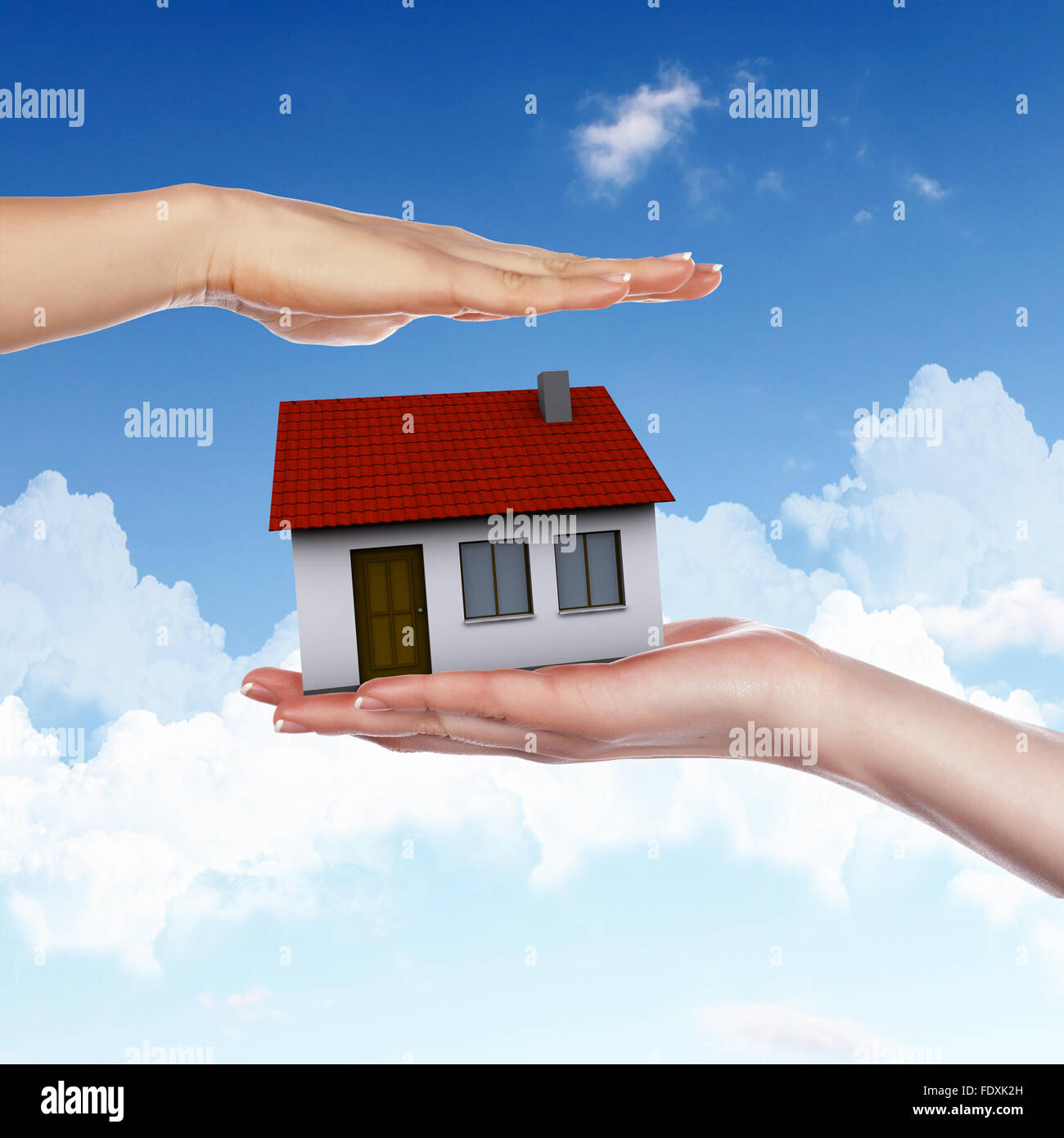 Human hand against blue sky background and house Stock Photo - Alamy