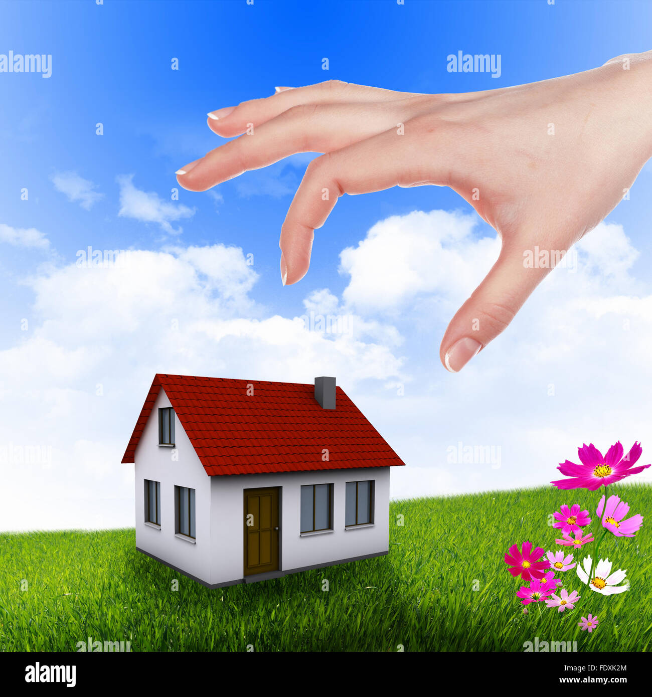 Human hand against blue sky background and house Stock Photo - Alamy