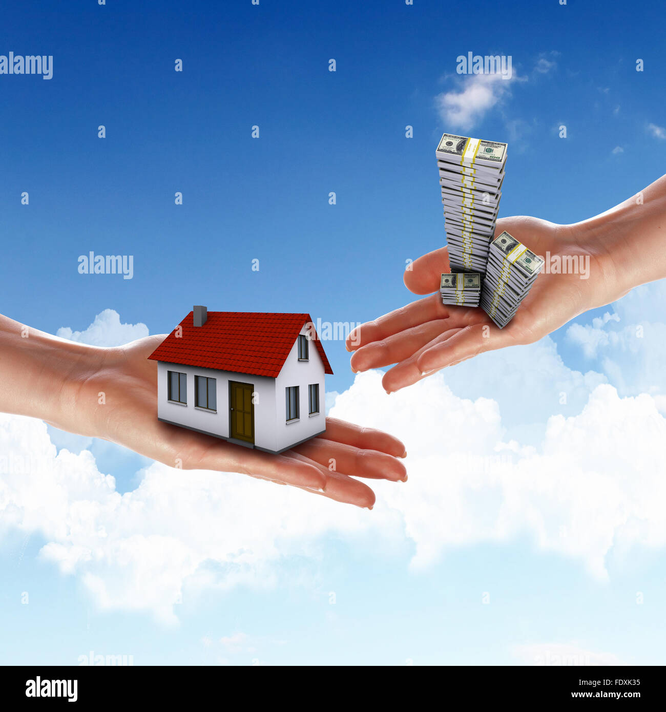 Human hand against blue sky background and house Stock Photo - Alamy
