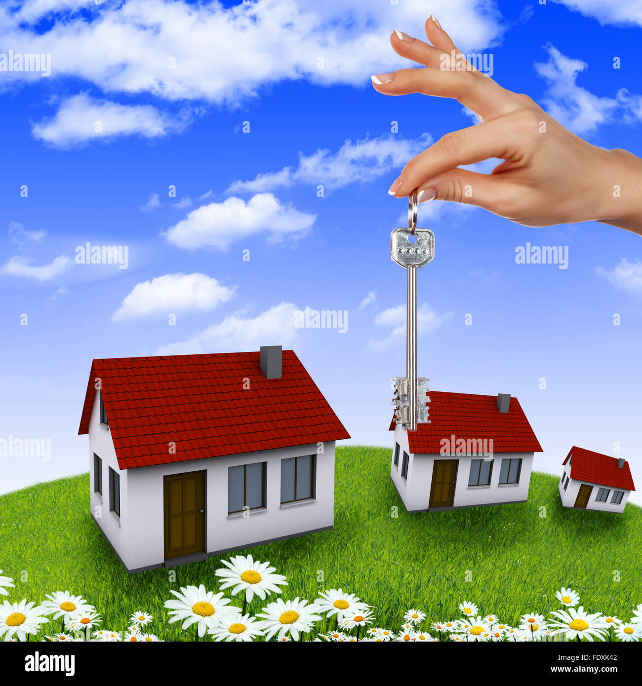 Human hand against blue sky background and house Stock Photo - Alamy