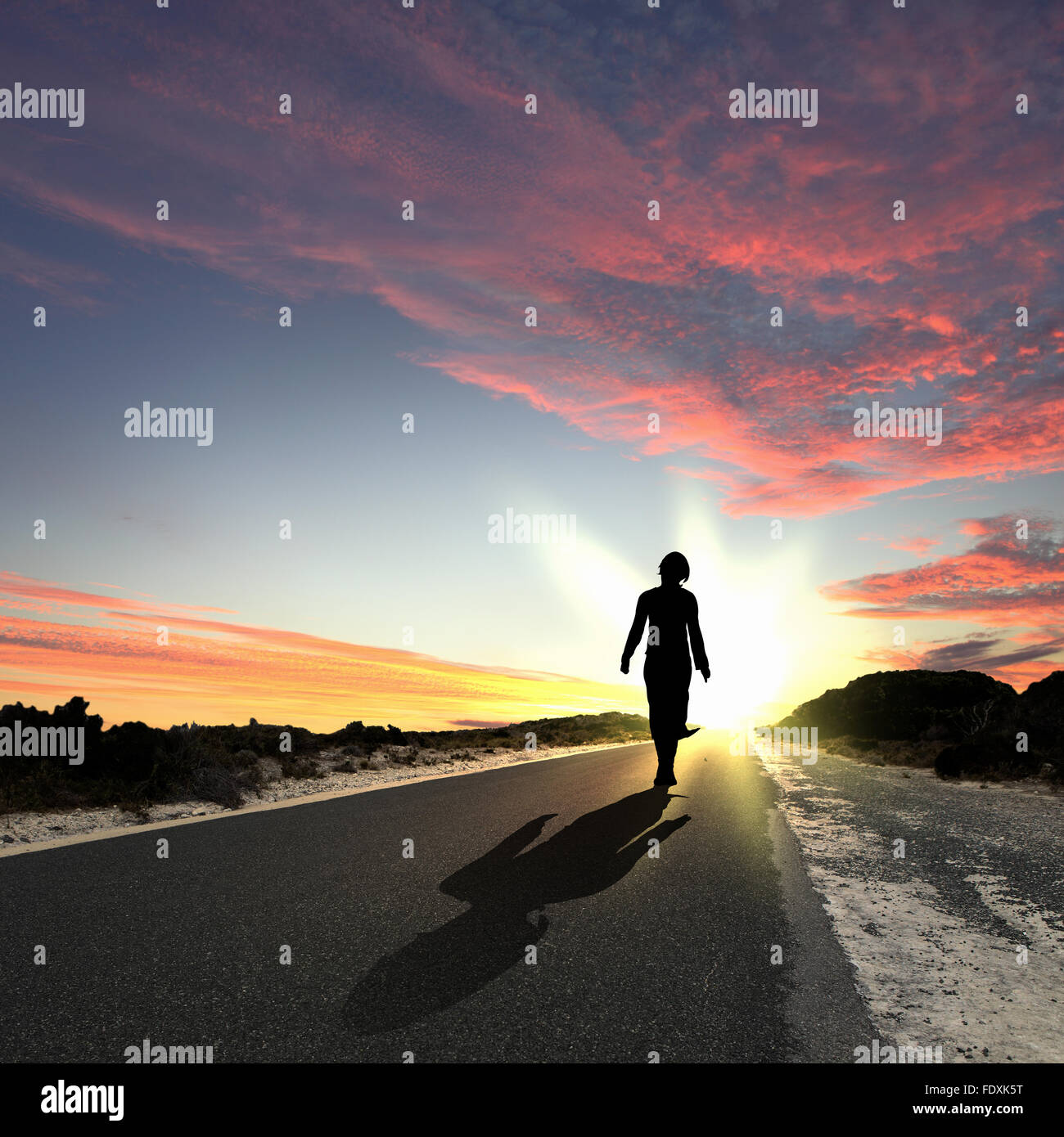 Collage with a human figure walking away along the coubtry road Stock ...