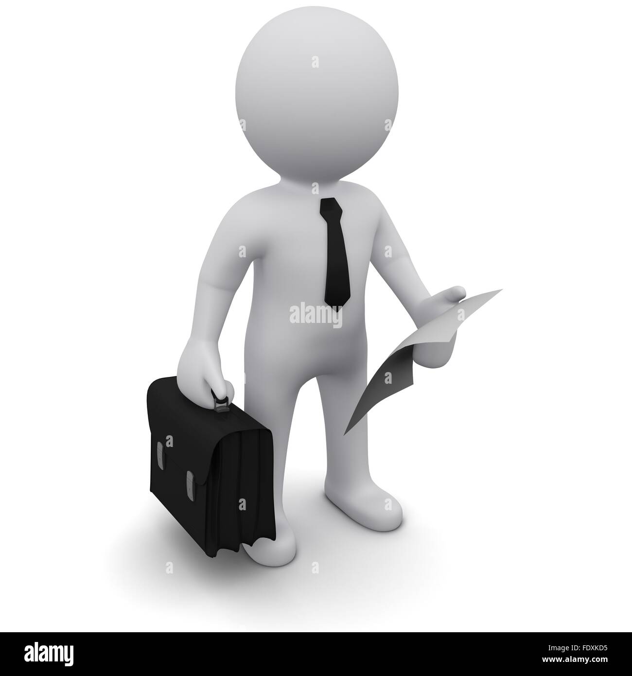 Three-dimensional man in a black tie with a briefcase and a sheet of ...