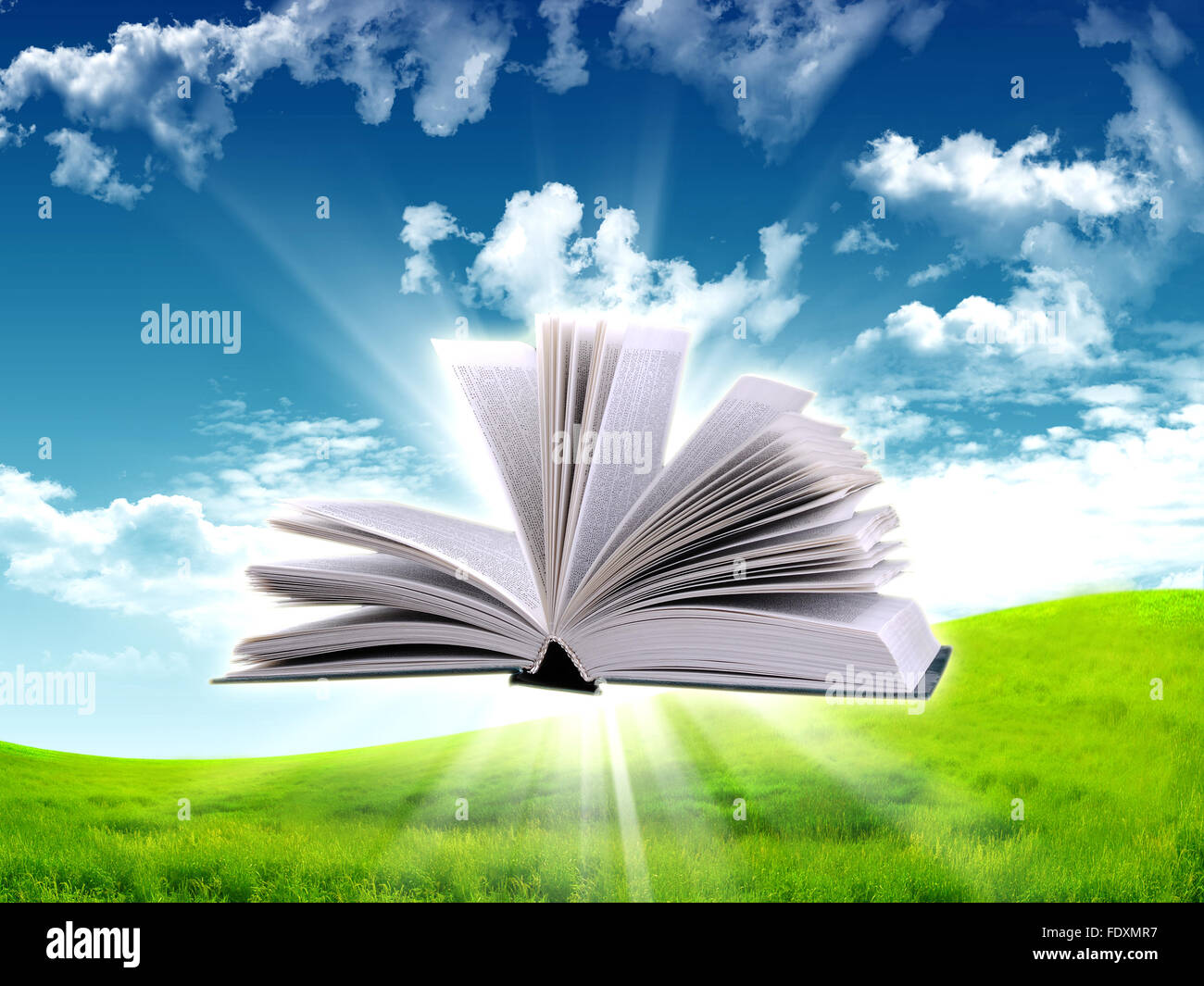 book in the air against green panoramic nature landscape Stock Photo ...
