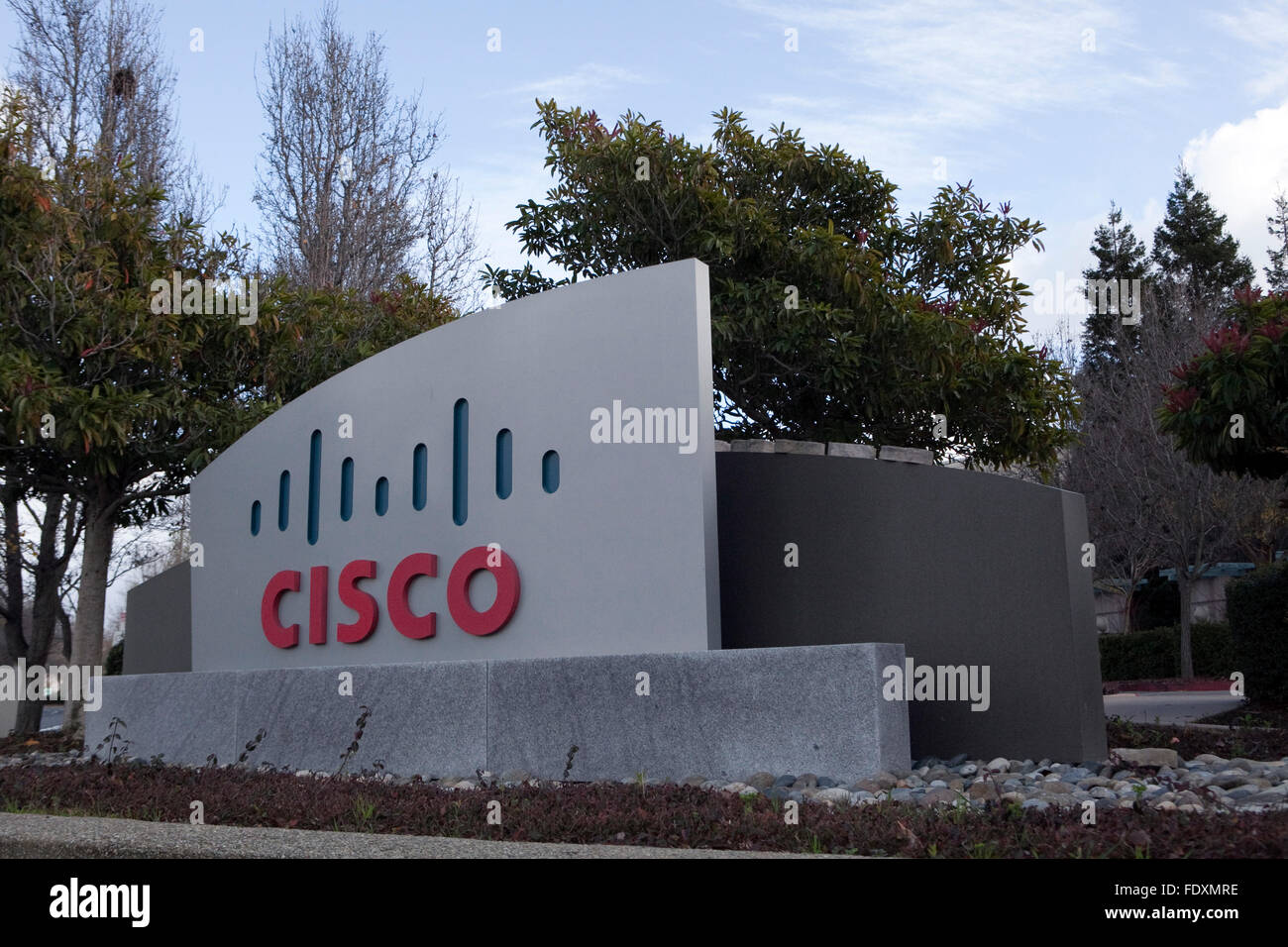 A sign is seen at Cisco's headquarters in San Jose, California Stock ...