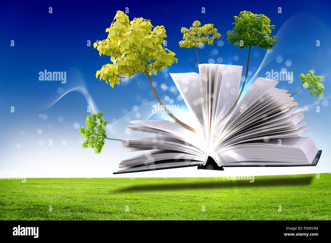 Open book with green nature world coming out of its pages Stock Photo ...