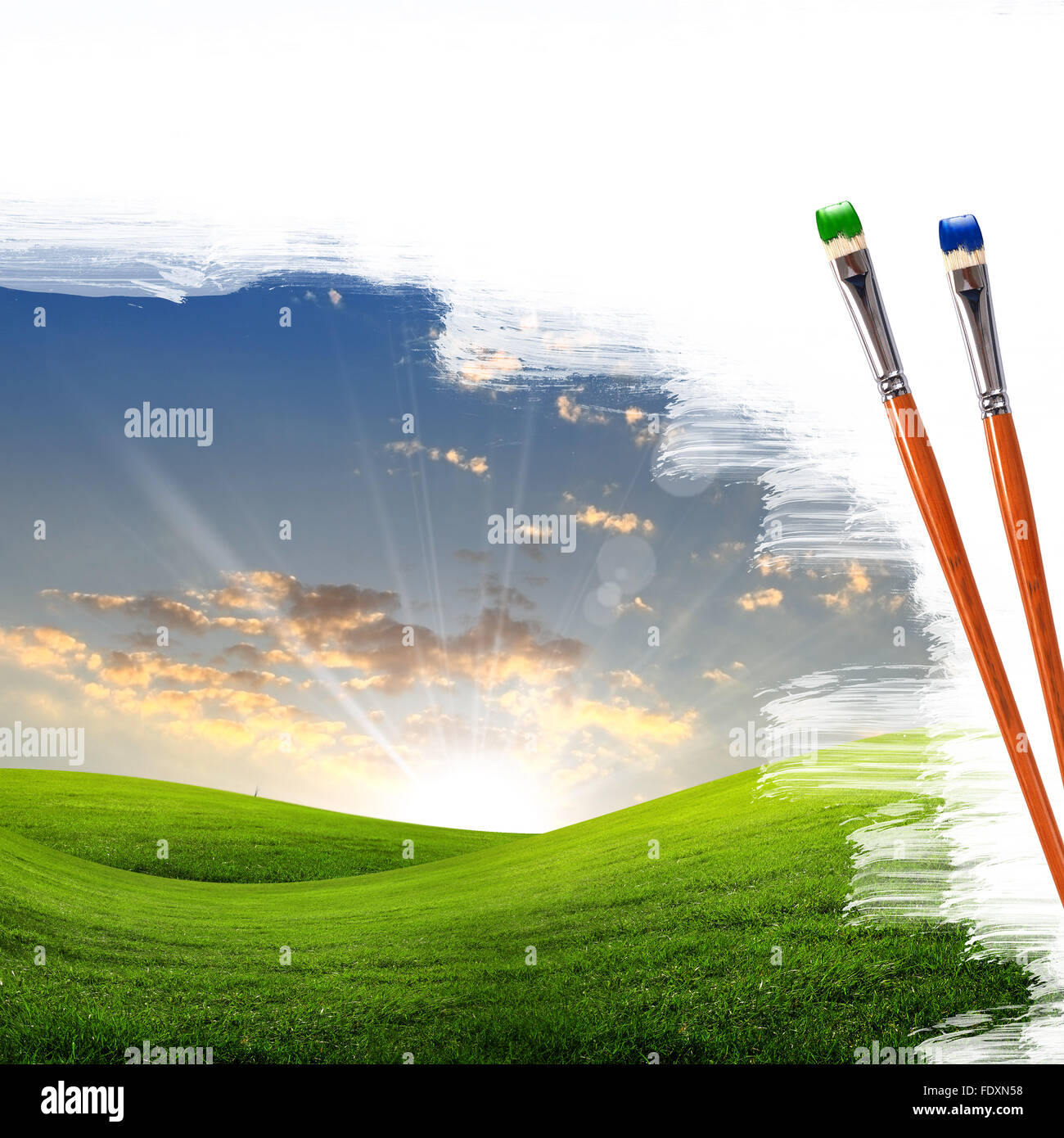 several paintbrushes and nature landscape on the background Stock Photo ...