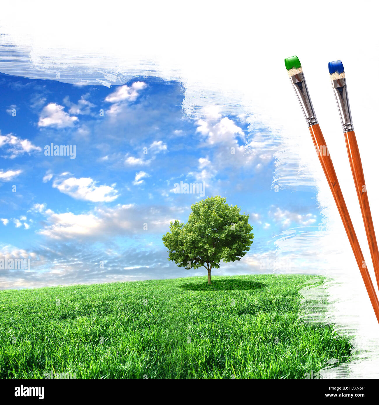 several paintbrushes and nature landscape on the background Stock Photo ...