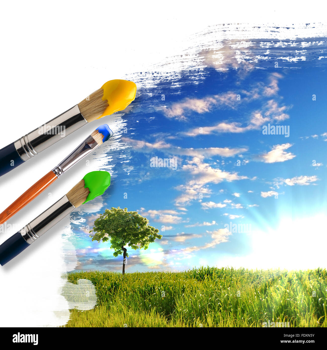 several paintbrushes and nature landscape on the background Stock Photo ...