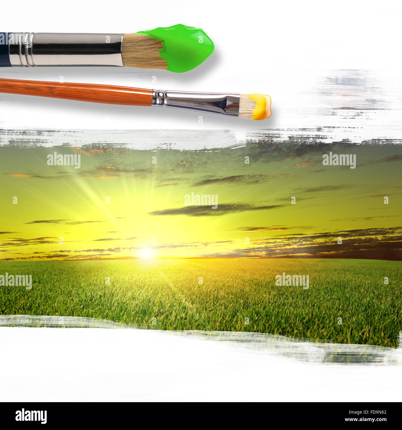 several paintbrushes and nature landscape on the background Stock Photo ...