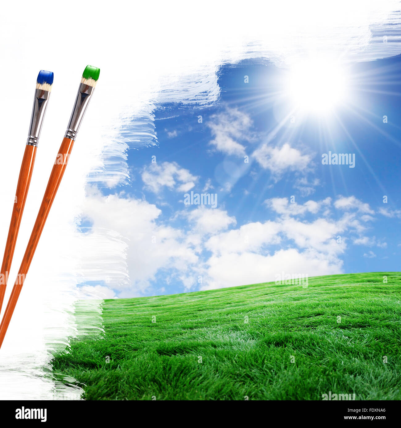 several paintbrushes and nature landscape on the background Stock Photo ...
