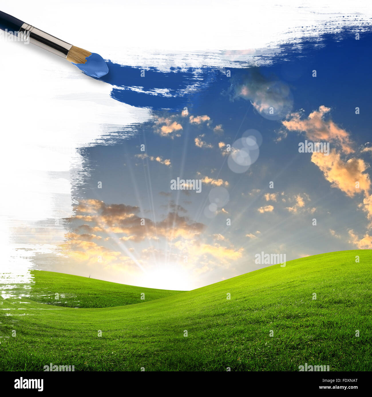 several paintbrushes and nature landscape on the background Stock Photo ...