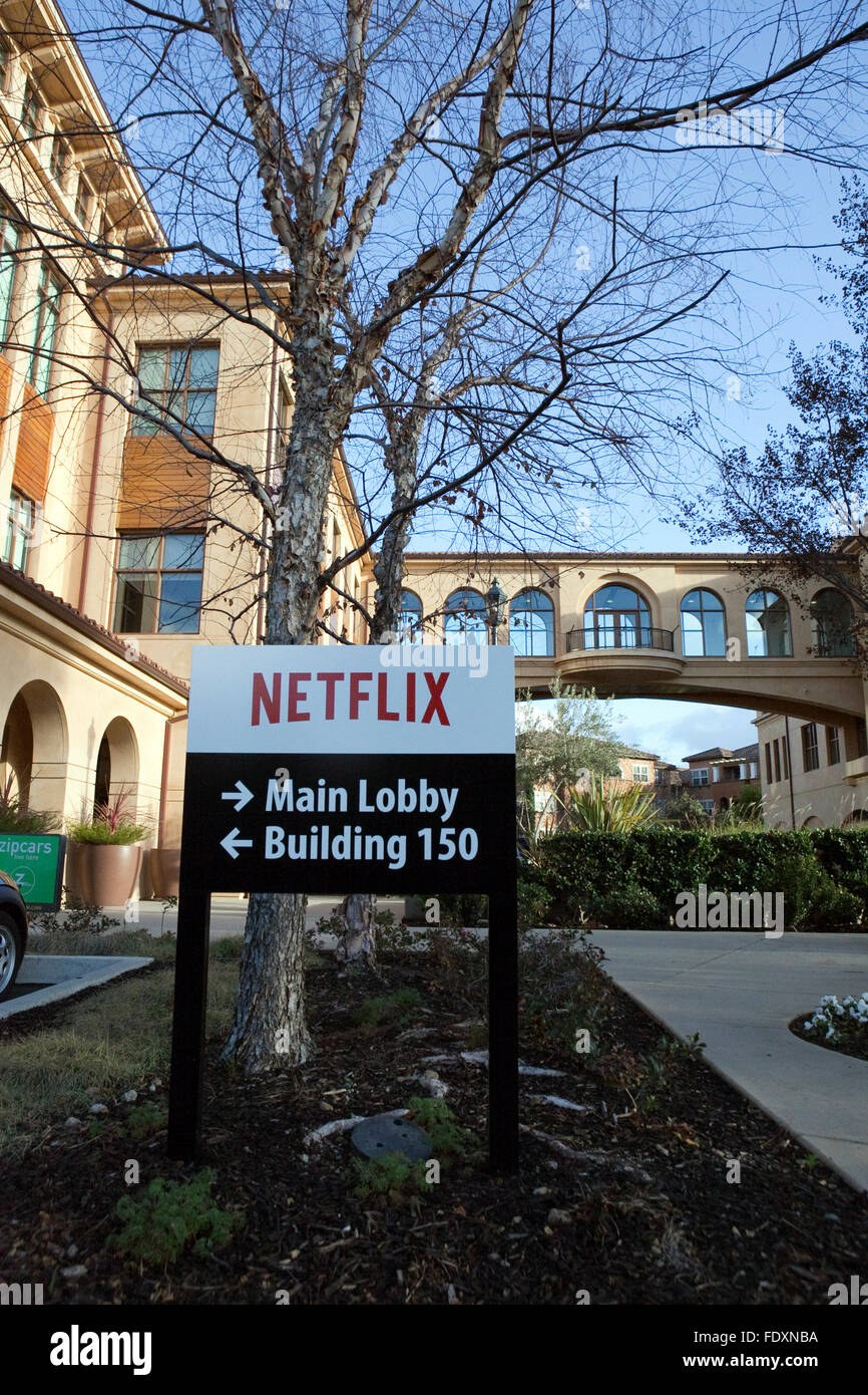 A view of a sign at Netflix's headquarters in Los Gatos, California ...