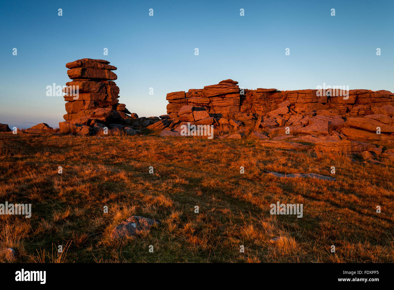 Granite Rock formation on Great Staple Tor, Dartmoor glowing in the ...