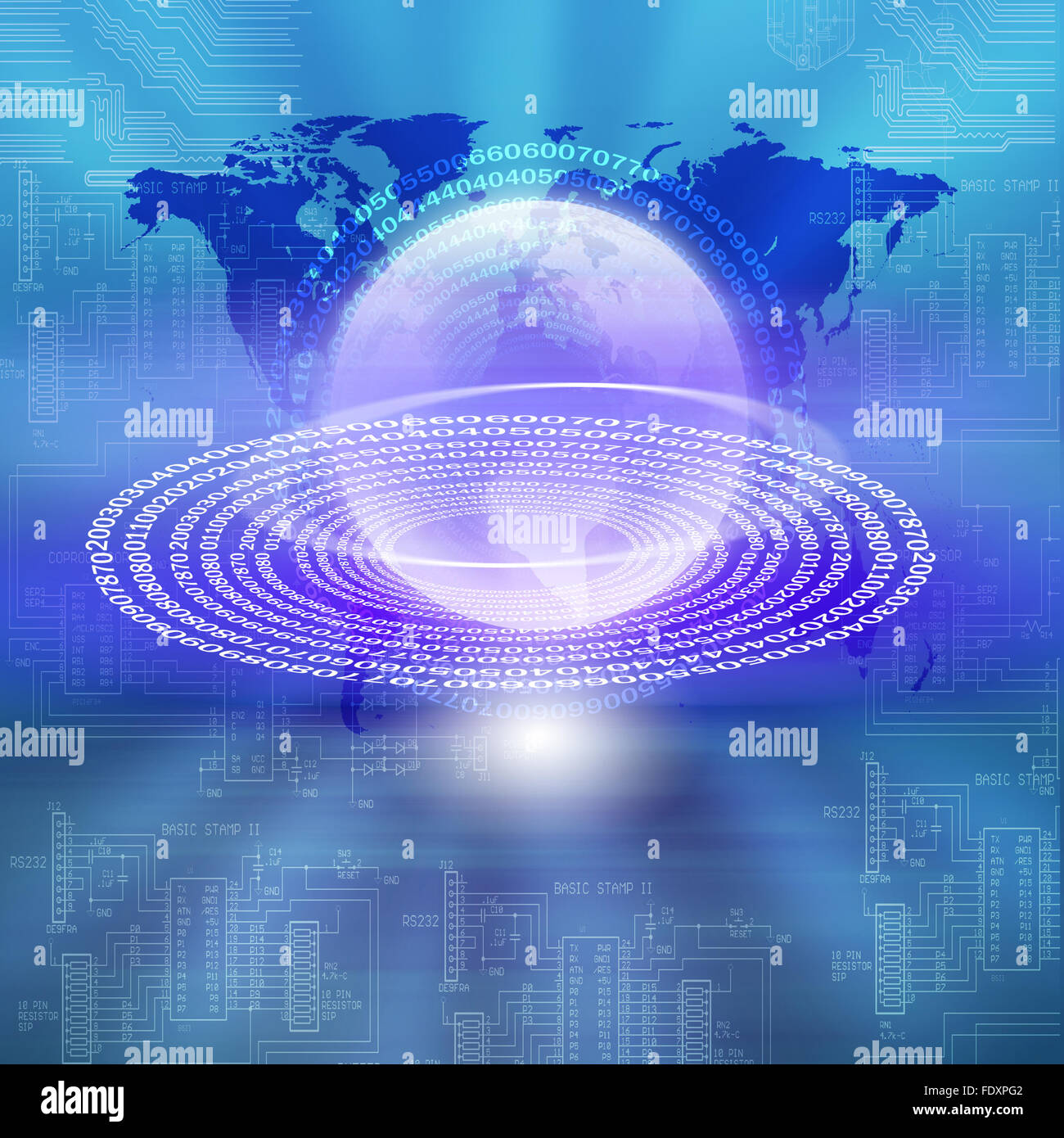 world map illustration with communication and technology symbols Stock ...