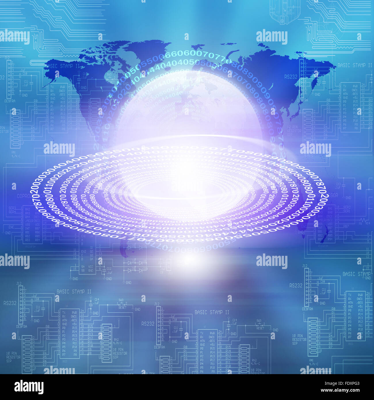 world map illustration with communication and technology symbols Stock ...