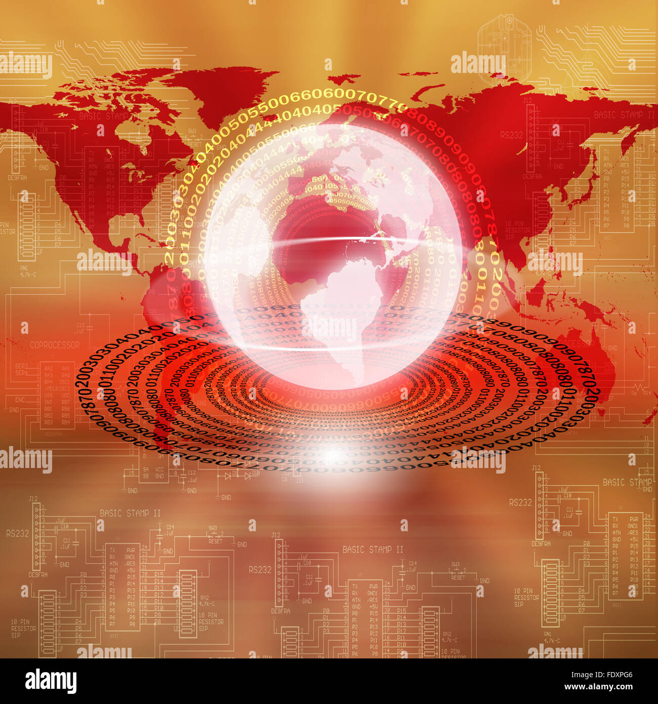 world map illustration with communication and technology symbols Stock ...
