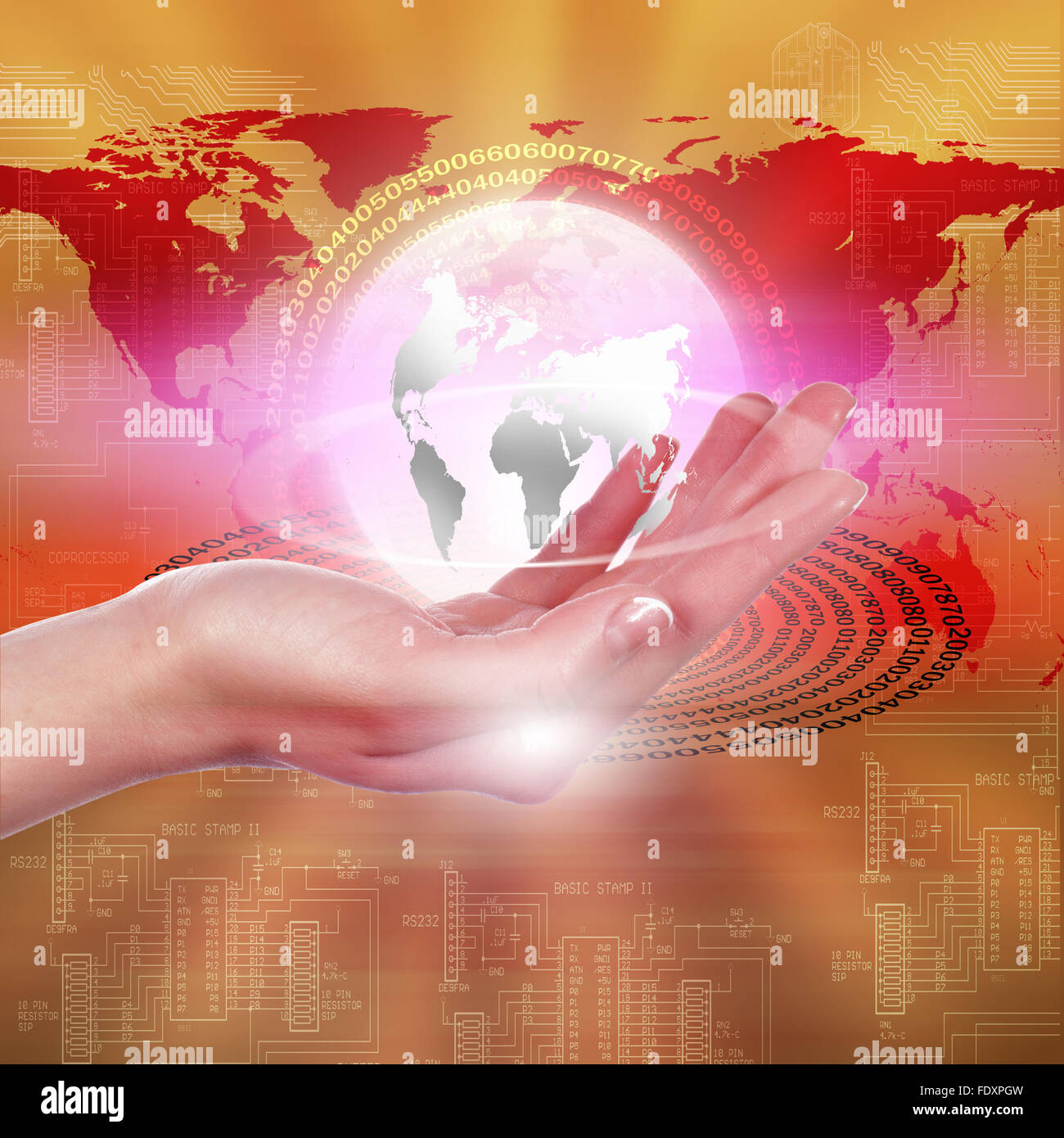 world map illustration with communication and technology symbols Stock ...