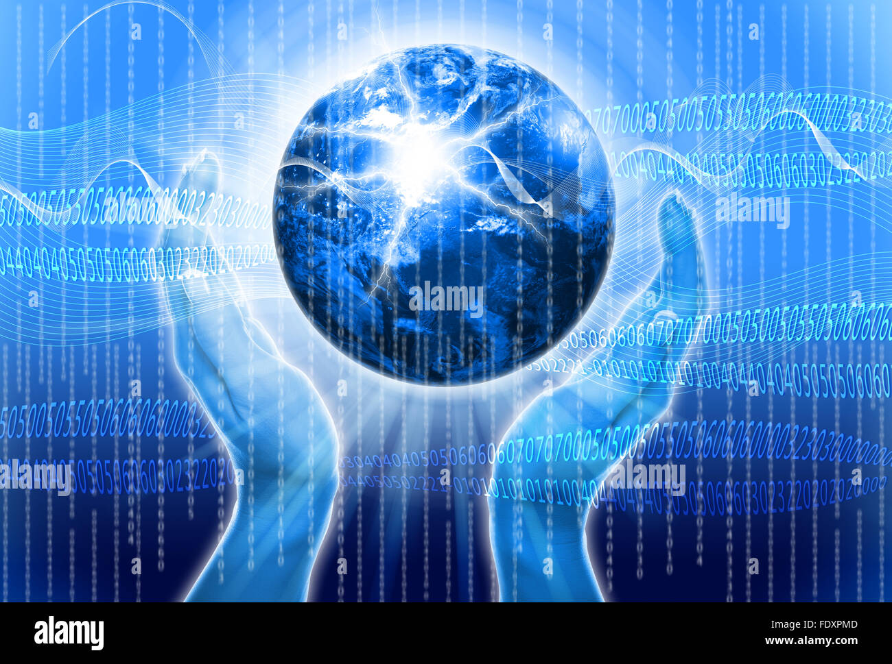 Hands, line, planet earth. The symbol of high technology Stock Photo ...