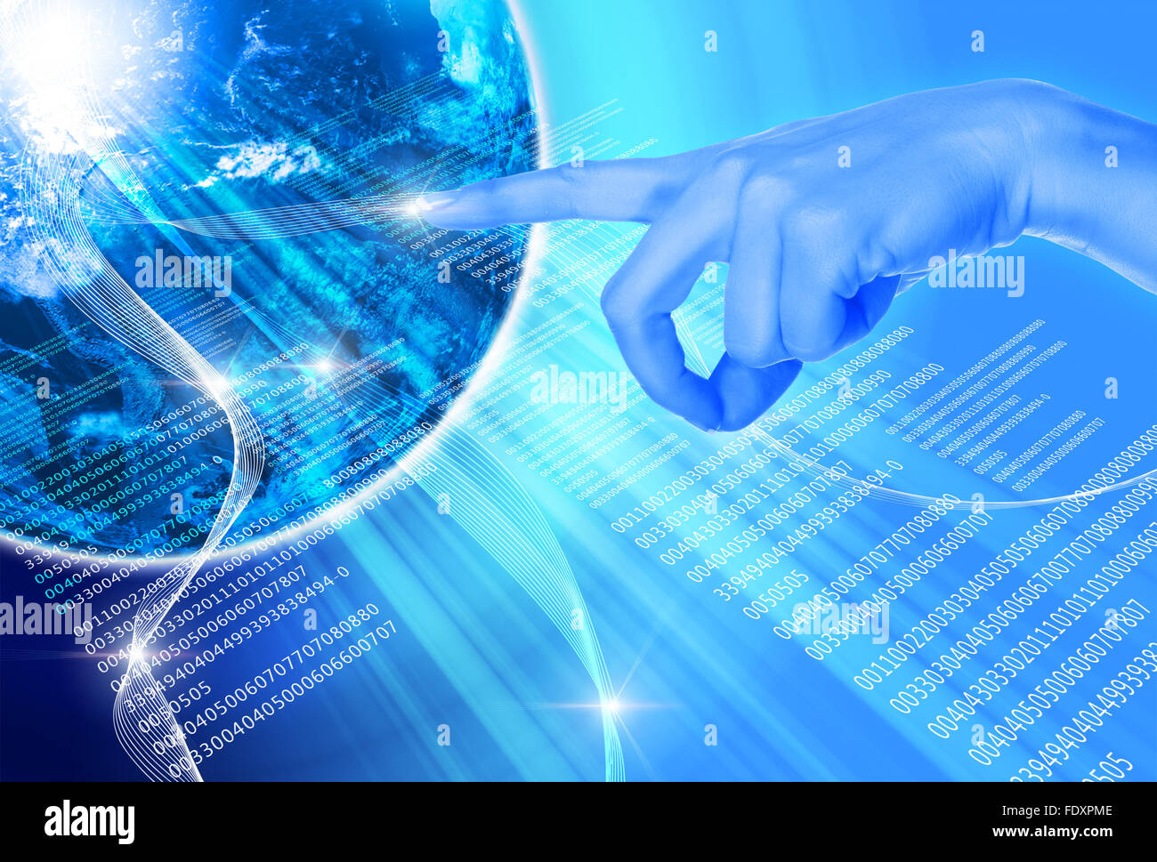 Hands, line, planet earth. The symbol of high technology Stock Photo ...