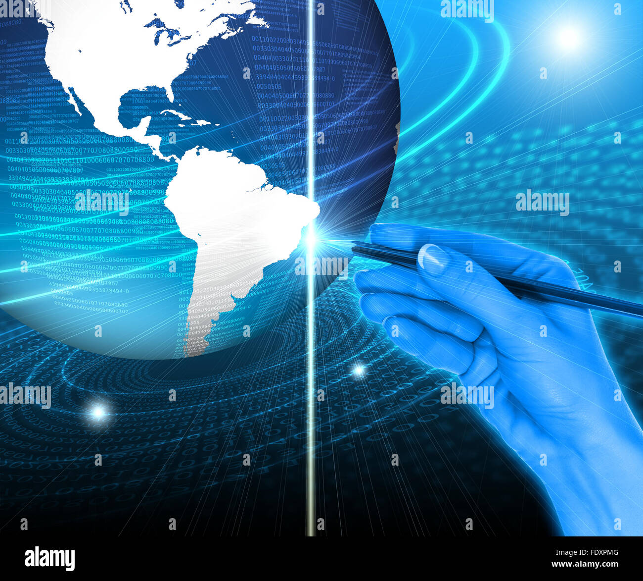 Hands, line, planet earth. The symbol of high technology Stock Photo ...