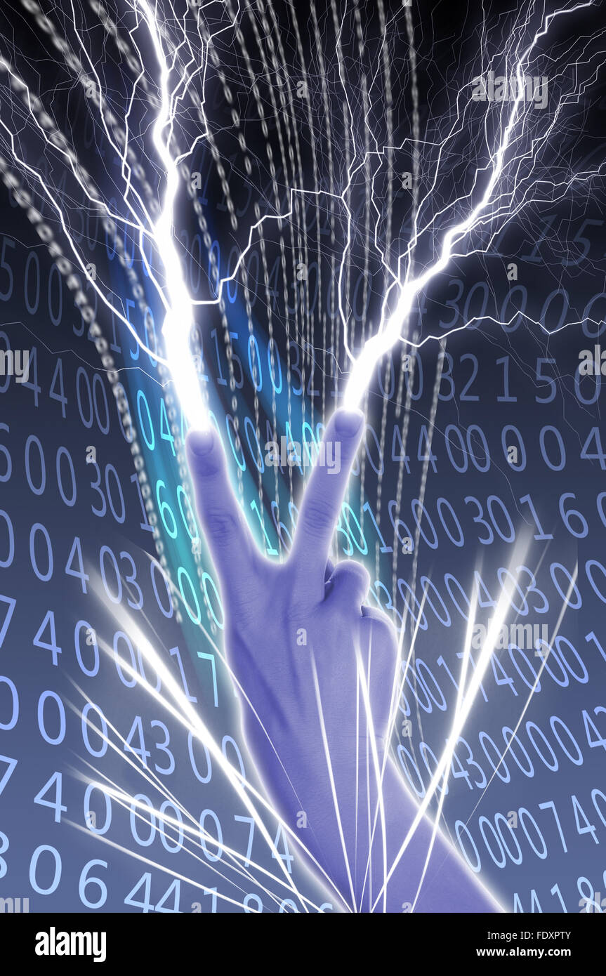 Hands, line, planet earth. The symbol of high technology Stock Photo ...