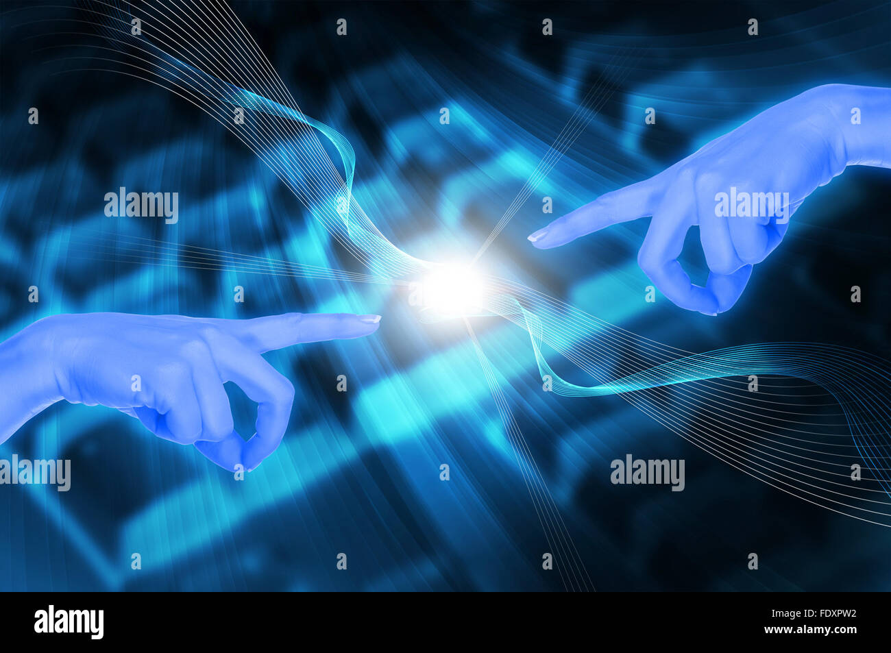 Hands, line, planet earth. The symbol of high technology Stock Photo ...