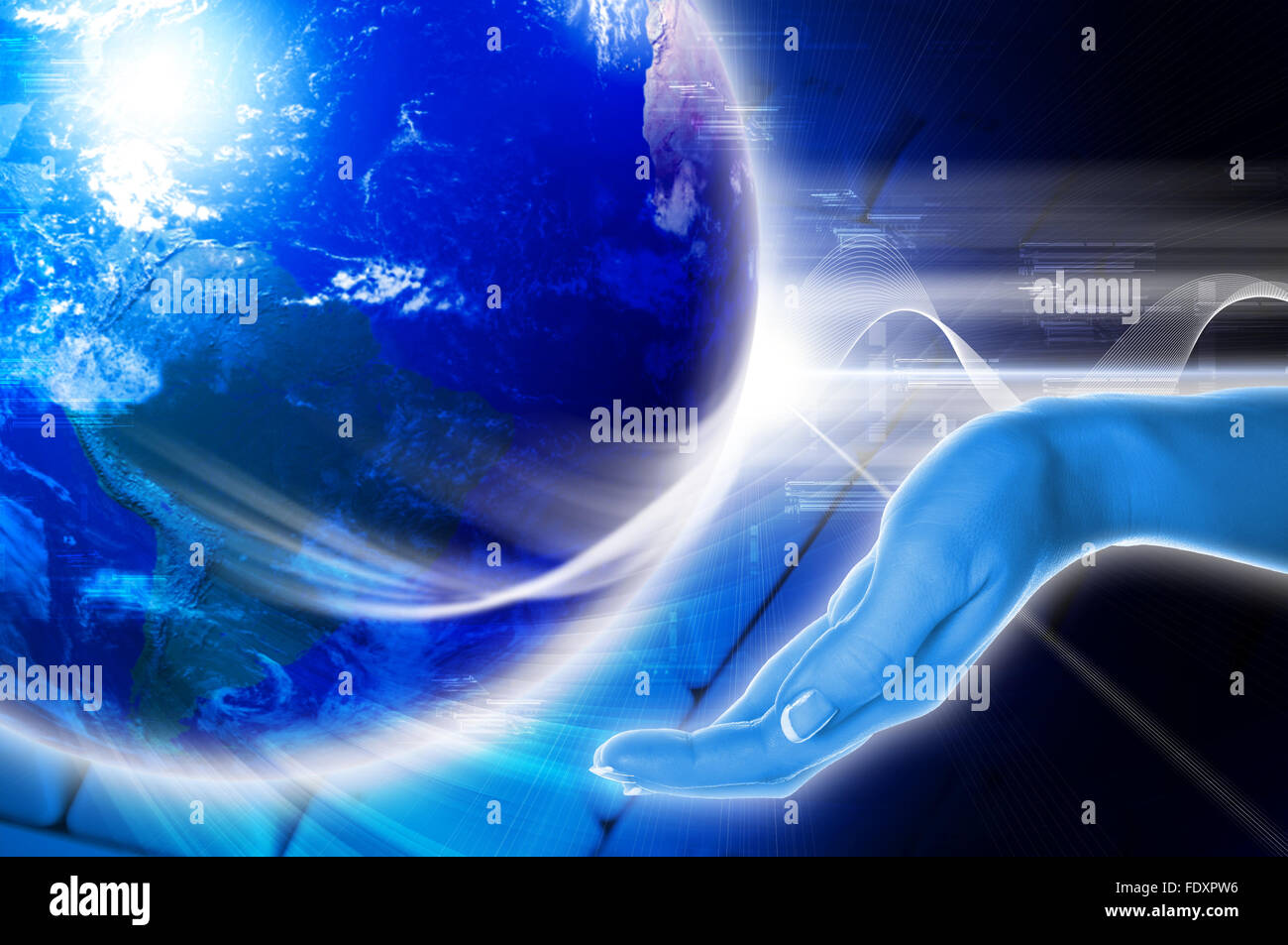 Hands, line, planet earth. The symbol of high technology Stock Photo ...