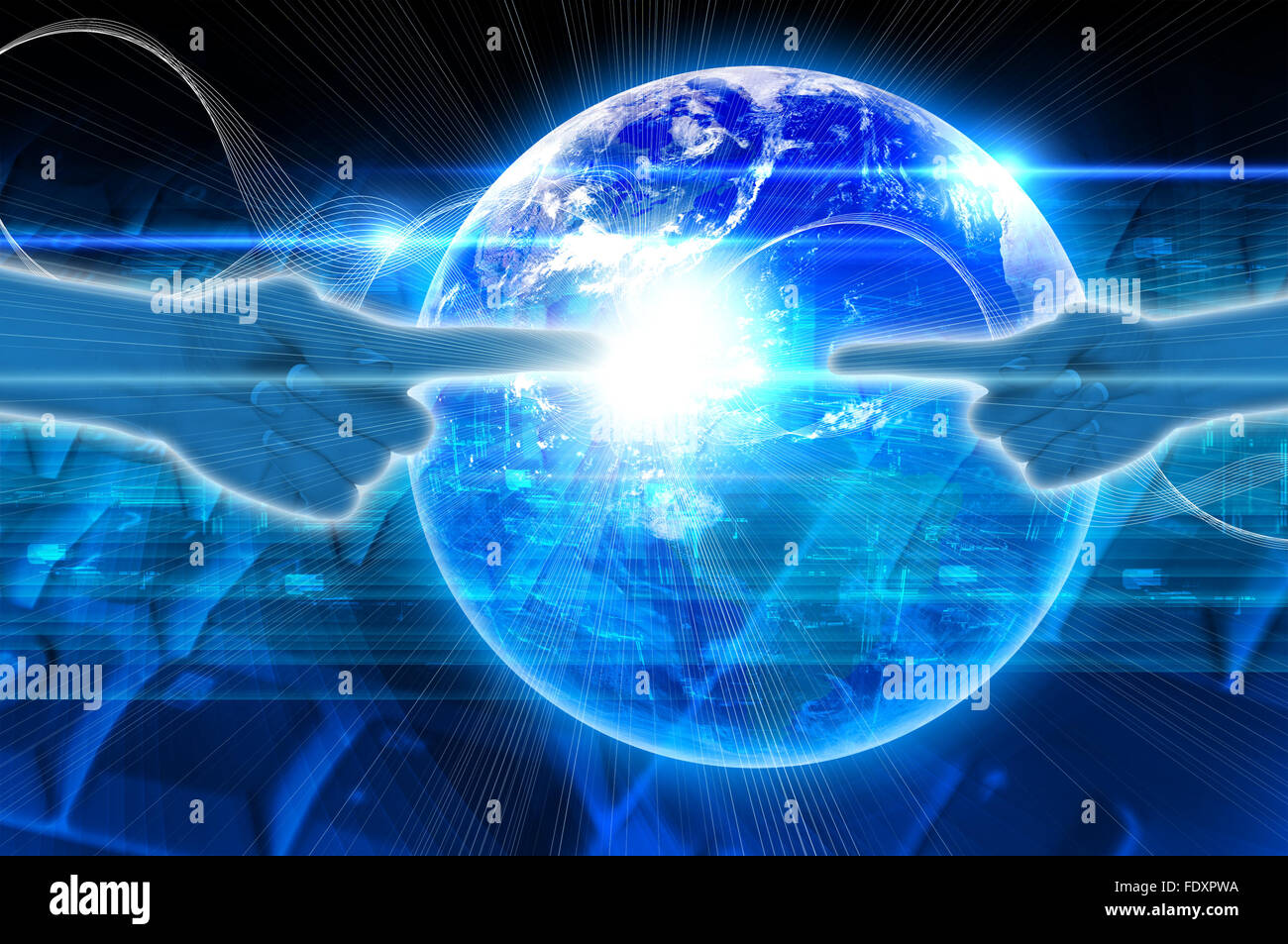 Hands, line, planet earth. The symbol of high technology Stock Photo ...