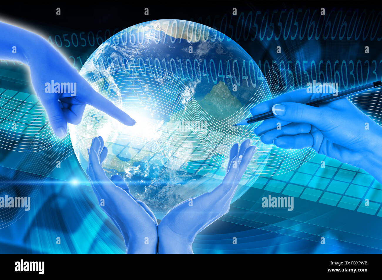 Hands, line, planet earth. The symbol of high technology Stock Photo ...
