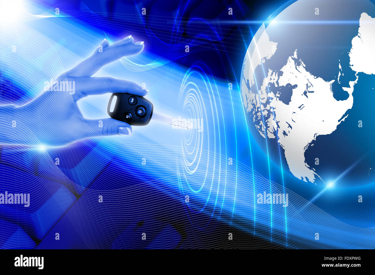 Hands, line, planet earth. The symbol of high technology Stock Photo ...