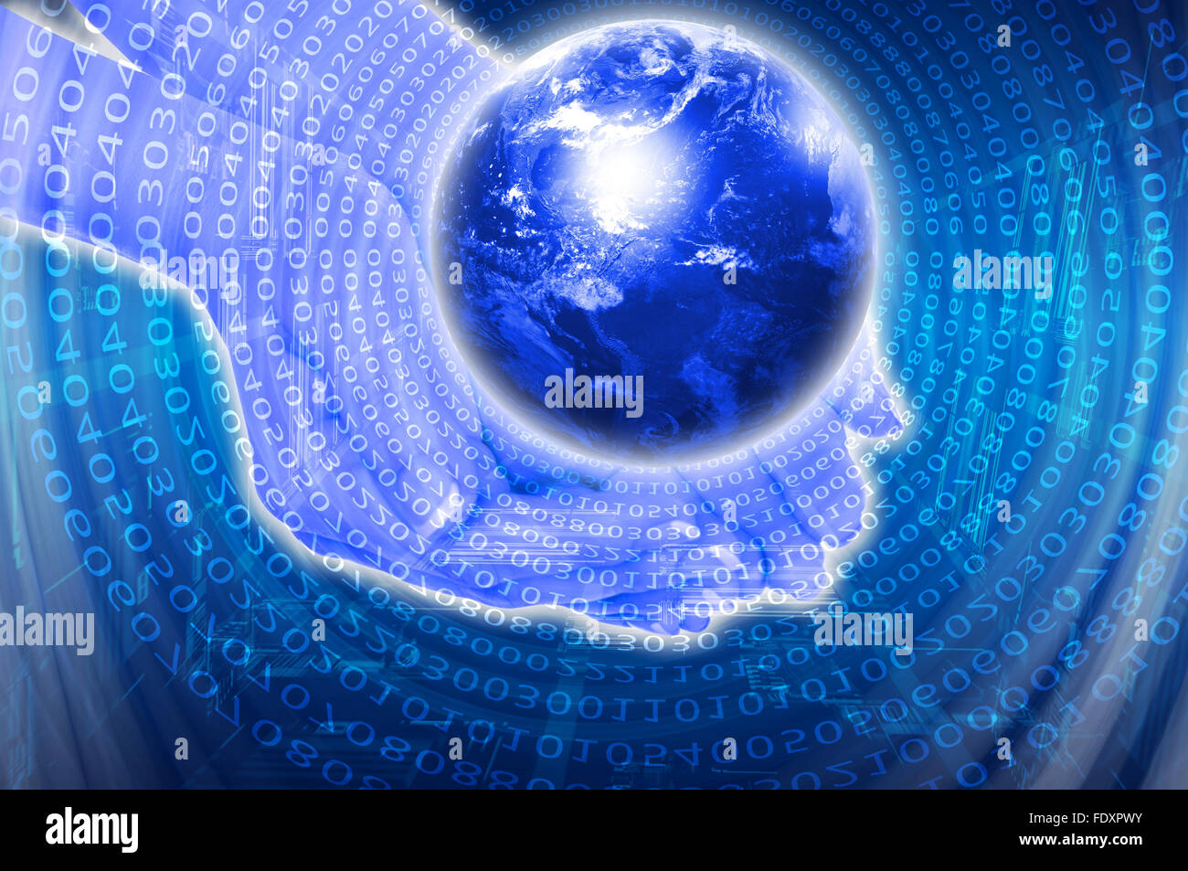 Hands, line, planet earth. The symbol of high technology Stock Photo ...