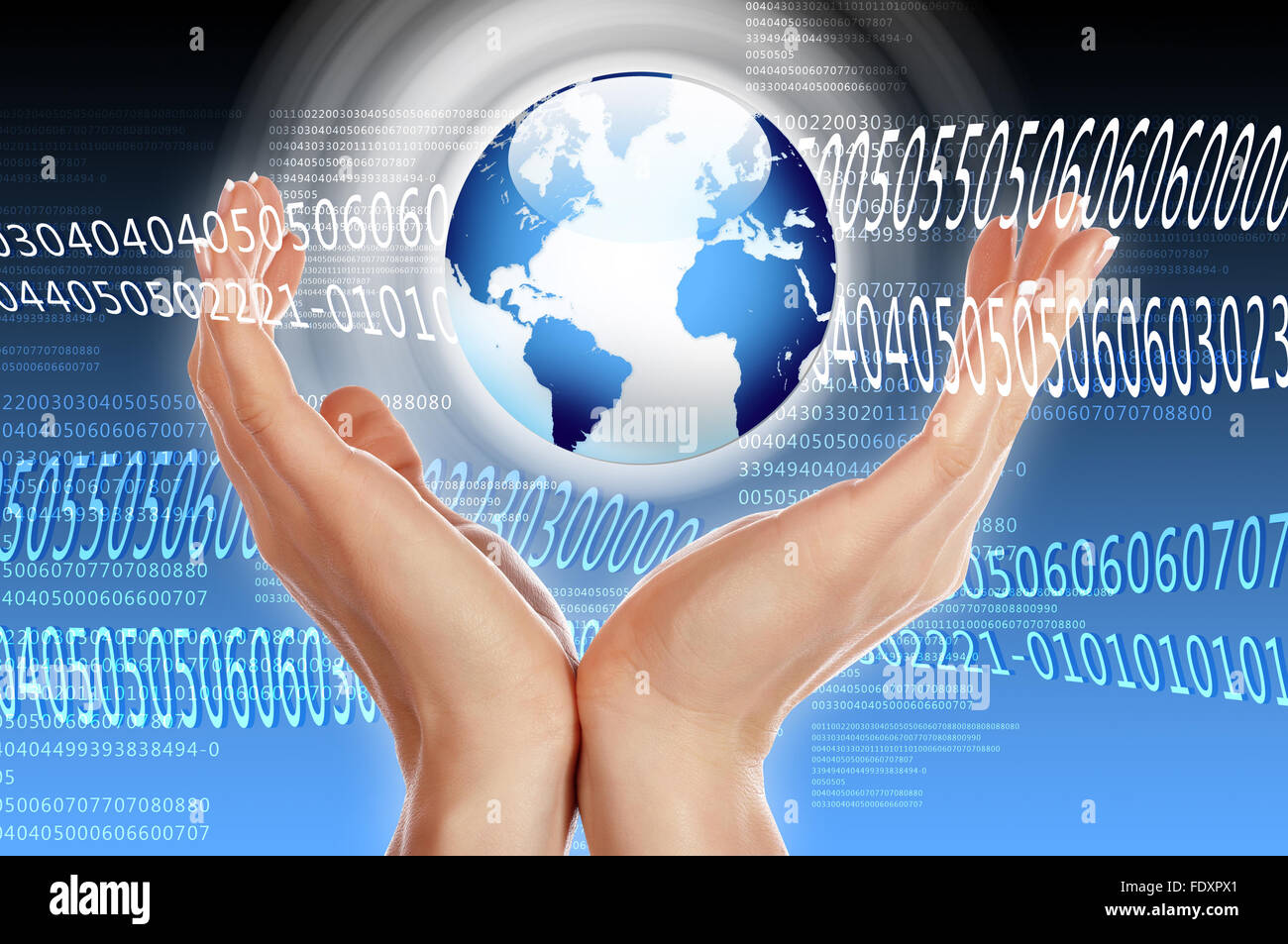 Hands, line, planet earth. The symbol of high technology Stock Photo ...
