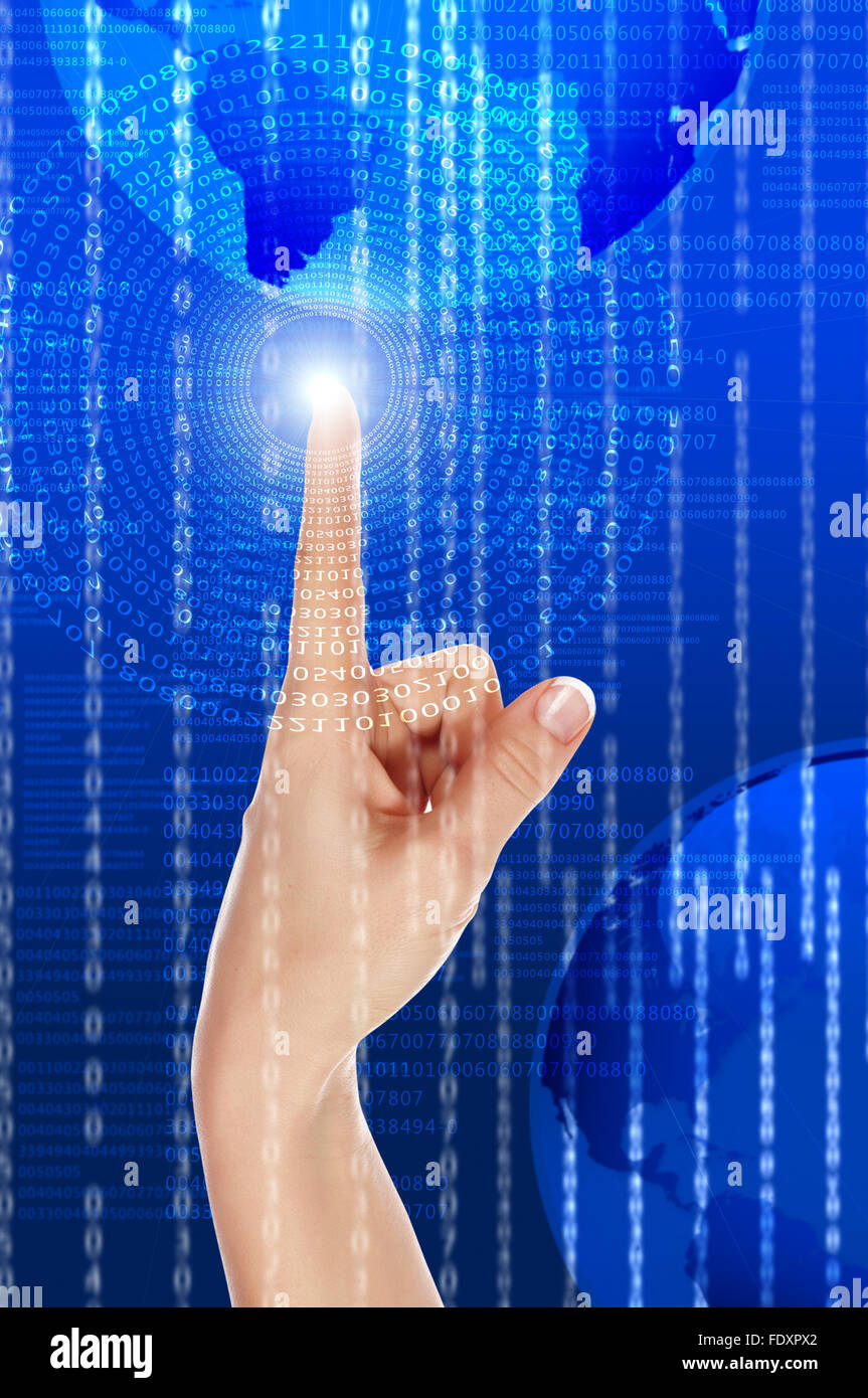 Hands, line, planet earth. The symbol of high technology Stock Photo ...