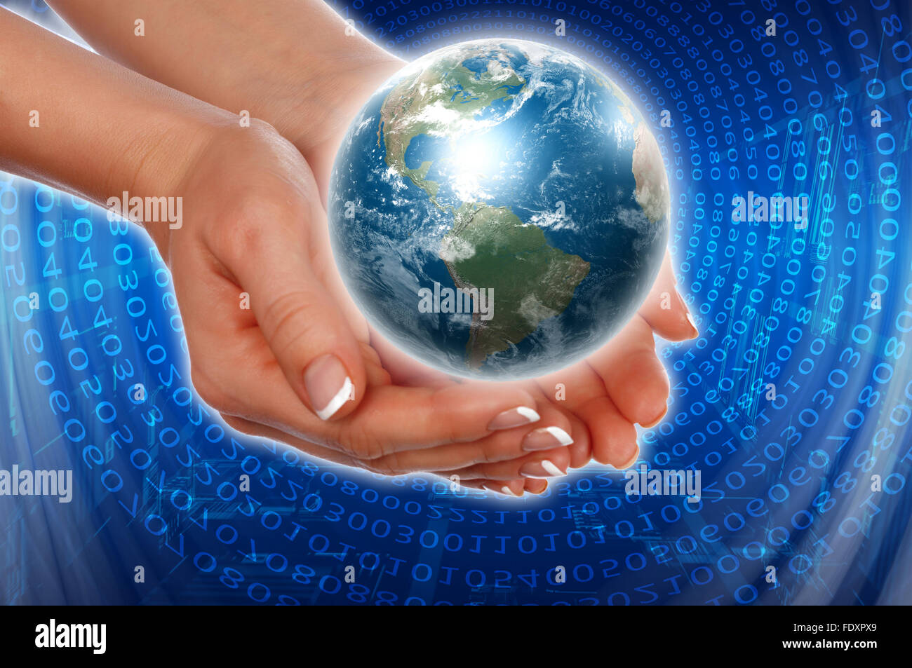 Hands, line, planet earth. The symbol of high technology Stock Photo ...