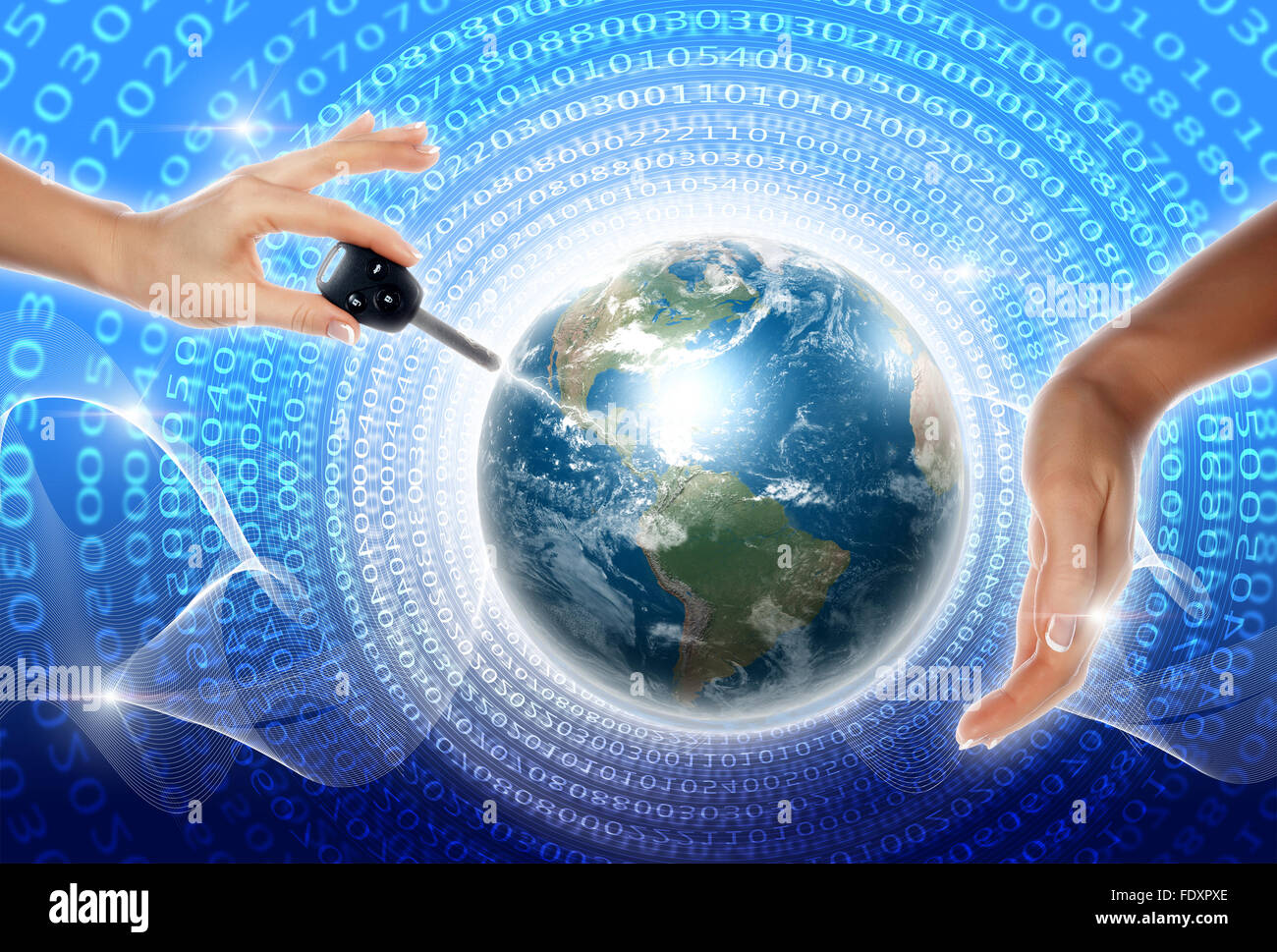 Hands, line, planet earth. The symbol of high technology Stock Photo ...