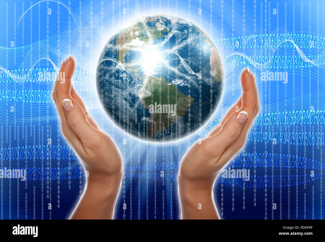 Hands, line, planet earth. The symbol of high technology Stock Photo ...