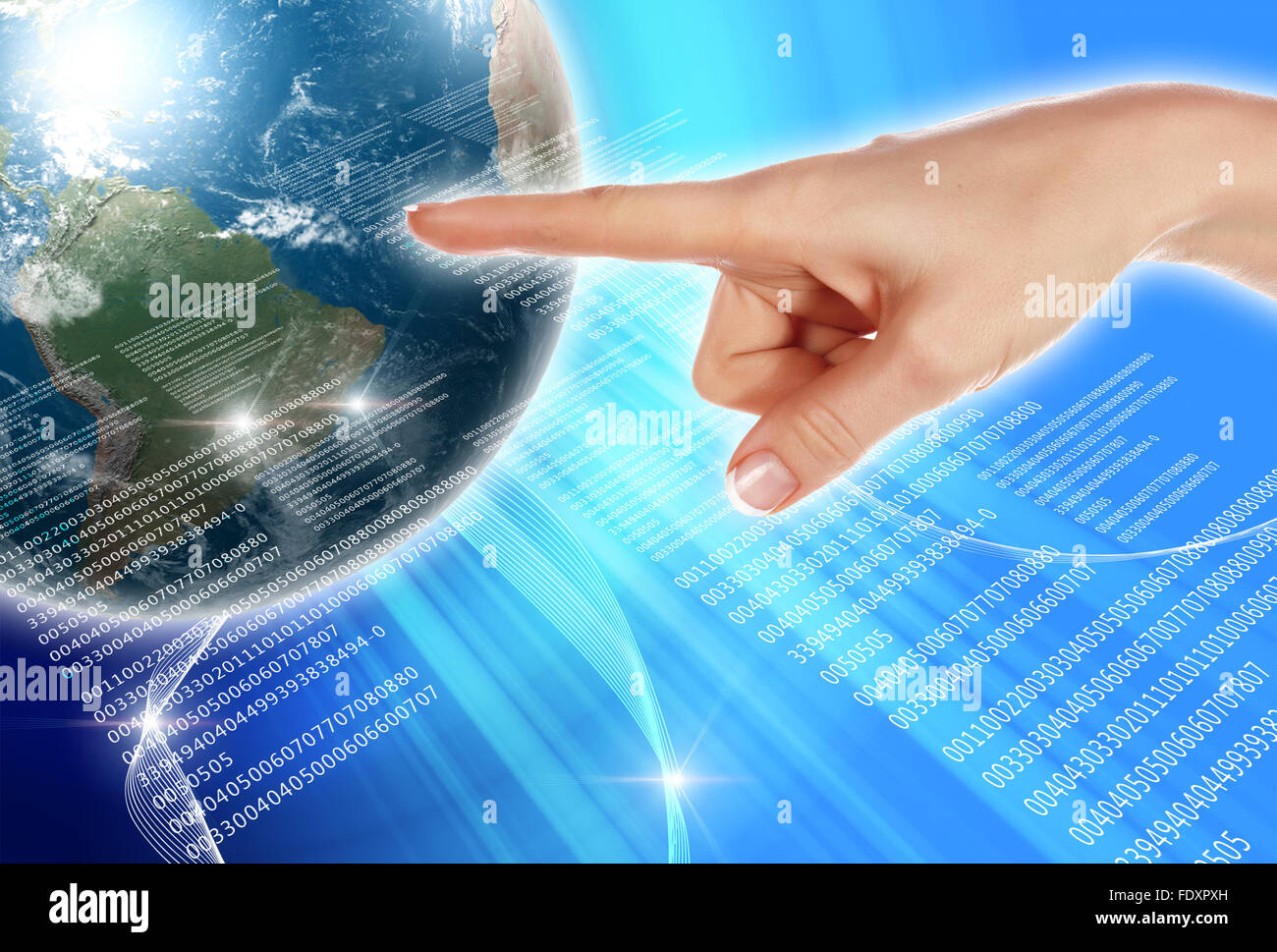 Hands, line, planet earth. The symbol of high technology Stock Photo ...
