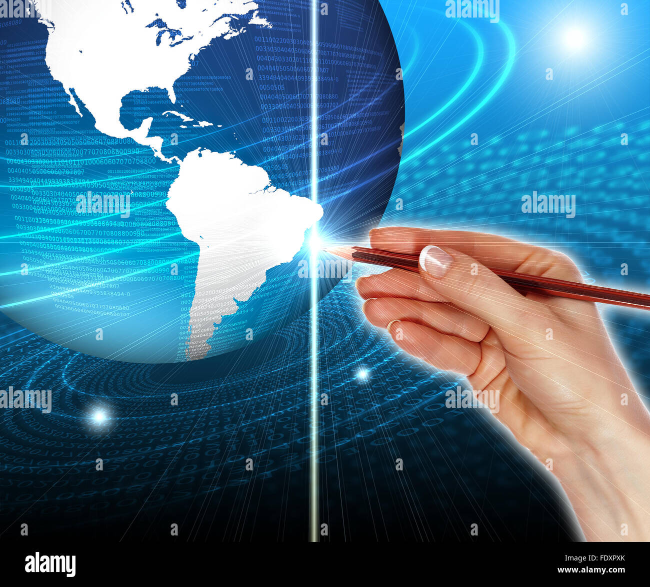 Hands, line, planet earth. The symbol of high technology Stock Photo ...