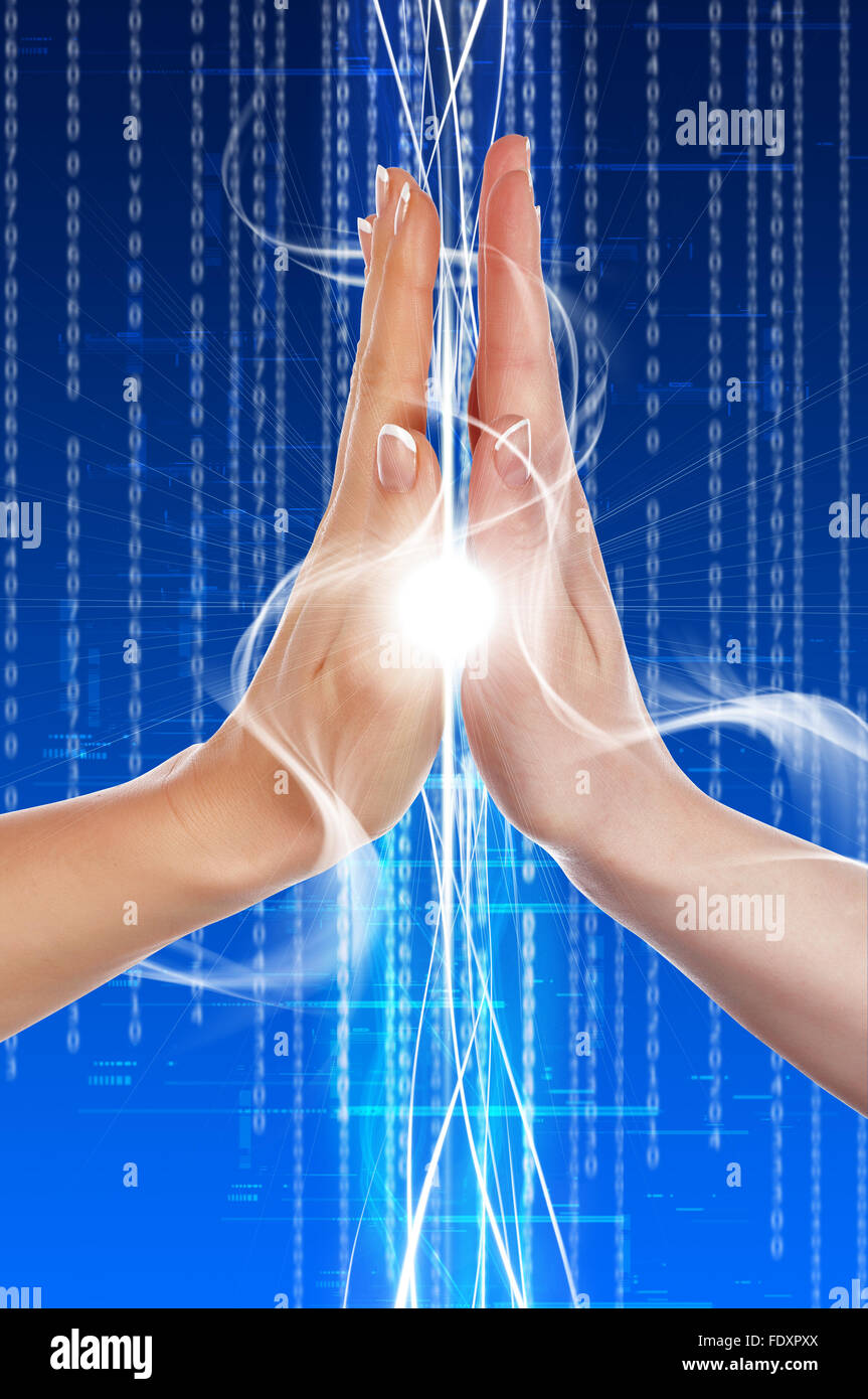 Hands, line, planet earth. The symbol of high technology Stock Photo ...