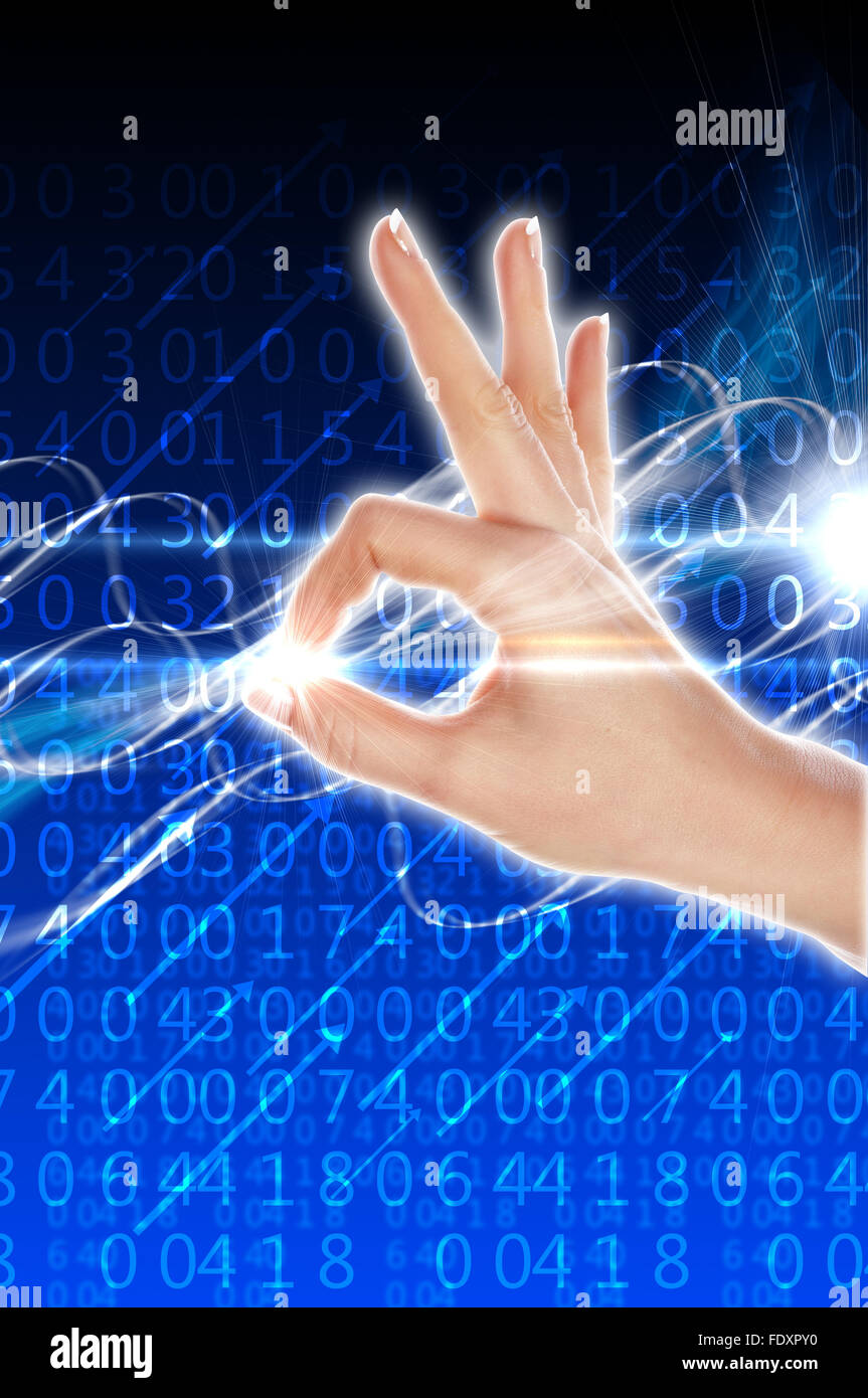 Hands, line, planet earth. The symbol of high technology Stock Photo ...