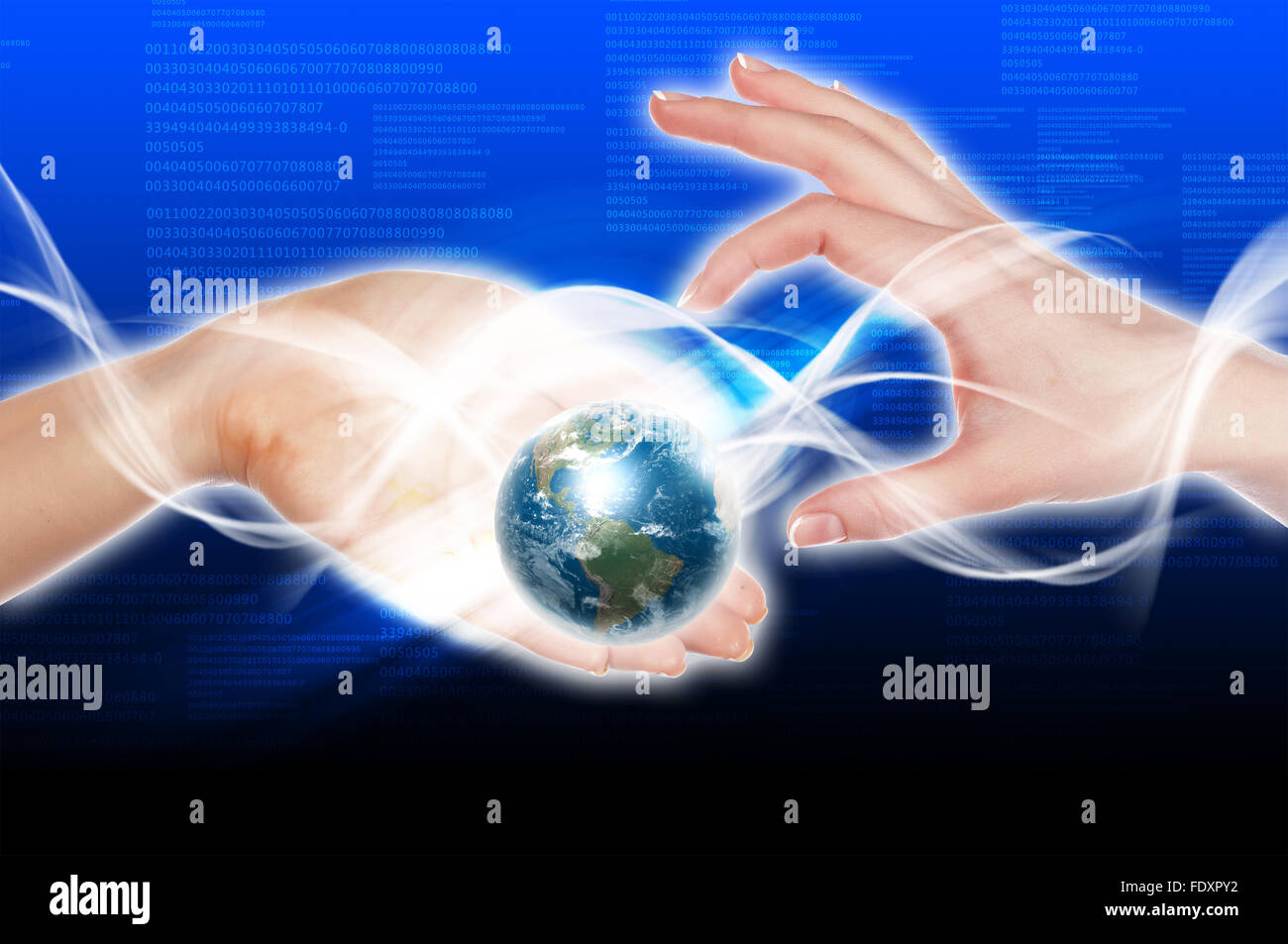 Hands, line, planet earth. The symbol of high technology Stock Photo ...