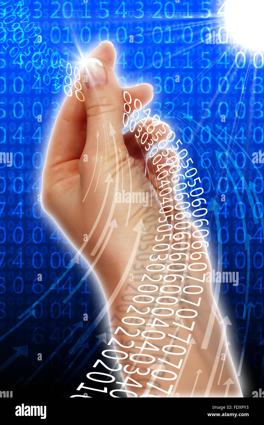 Hands, line, planet earth. The symbol of high technology Stock Photo ...