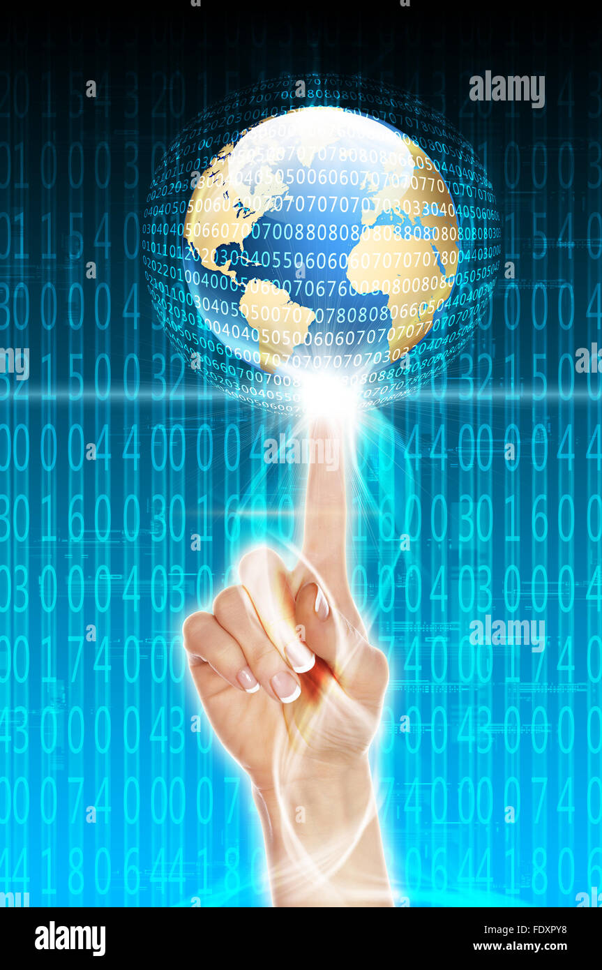 Hands, line, planet earth. The symbol of high technology Stock Photo ...