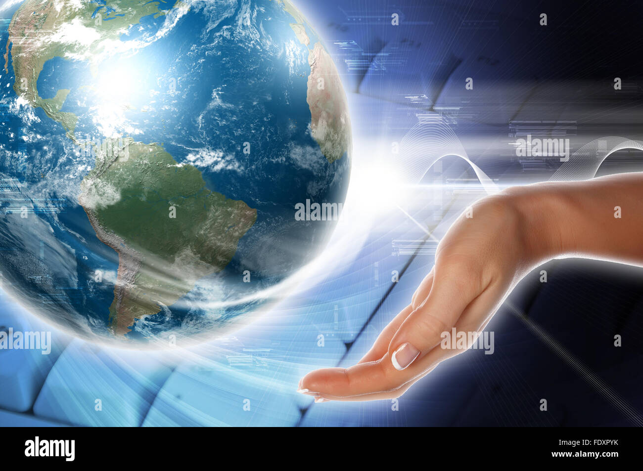 Hands, line, planet earth. The symbol of high technology Stock Photo ...