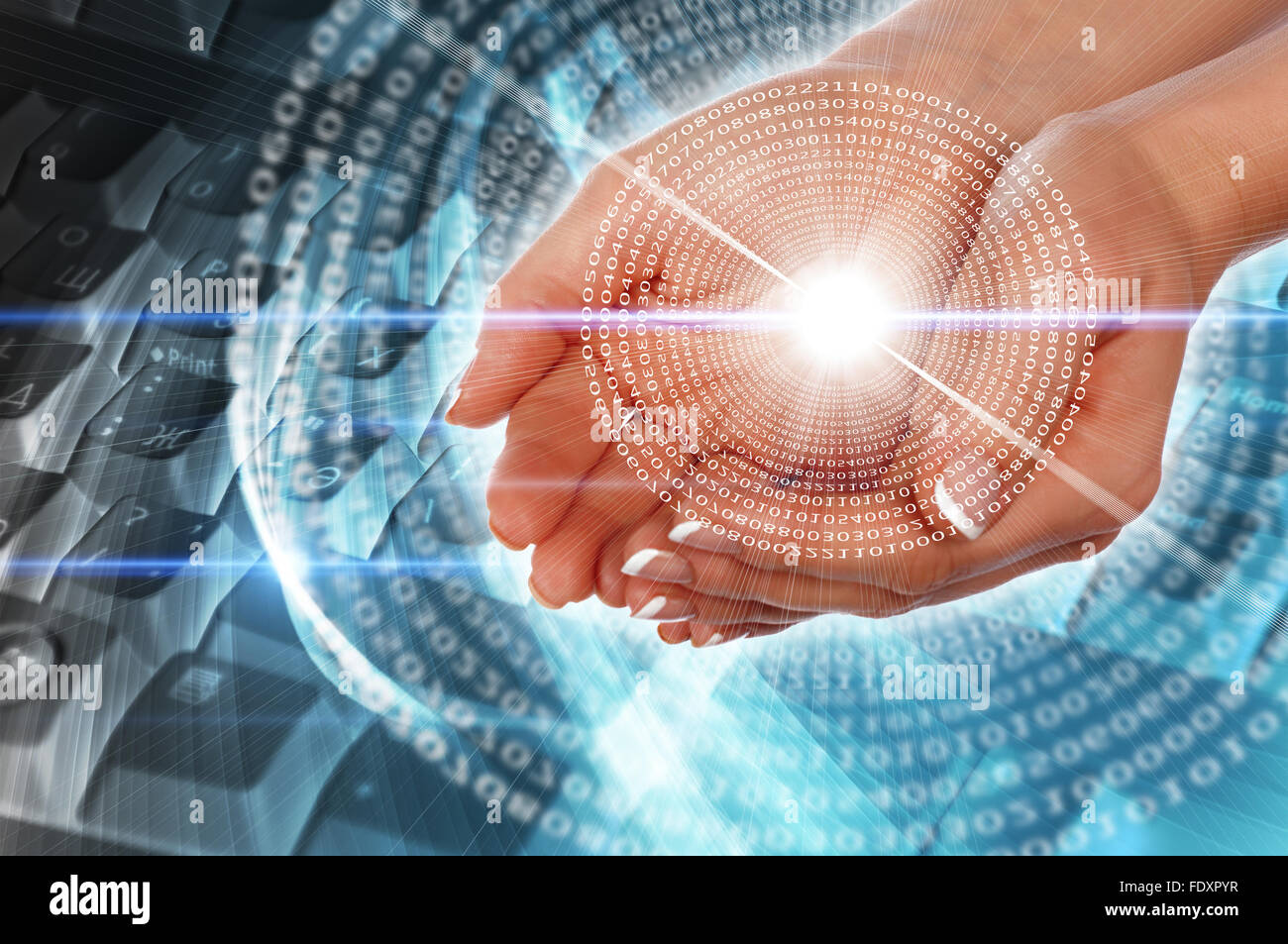 Hands, line, planet earth. The symbol of high technology Stock Photo ...